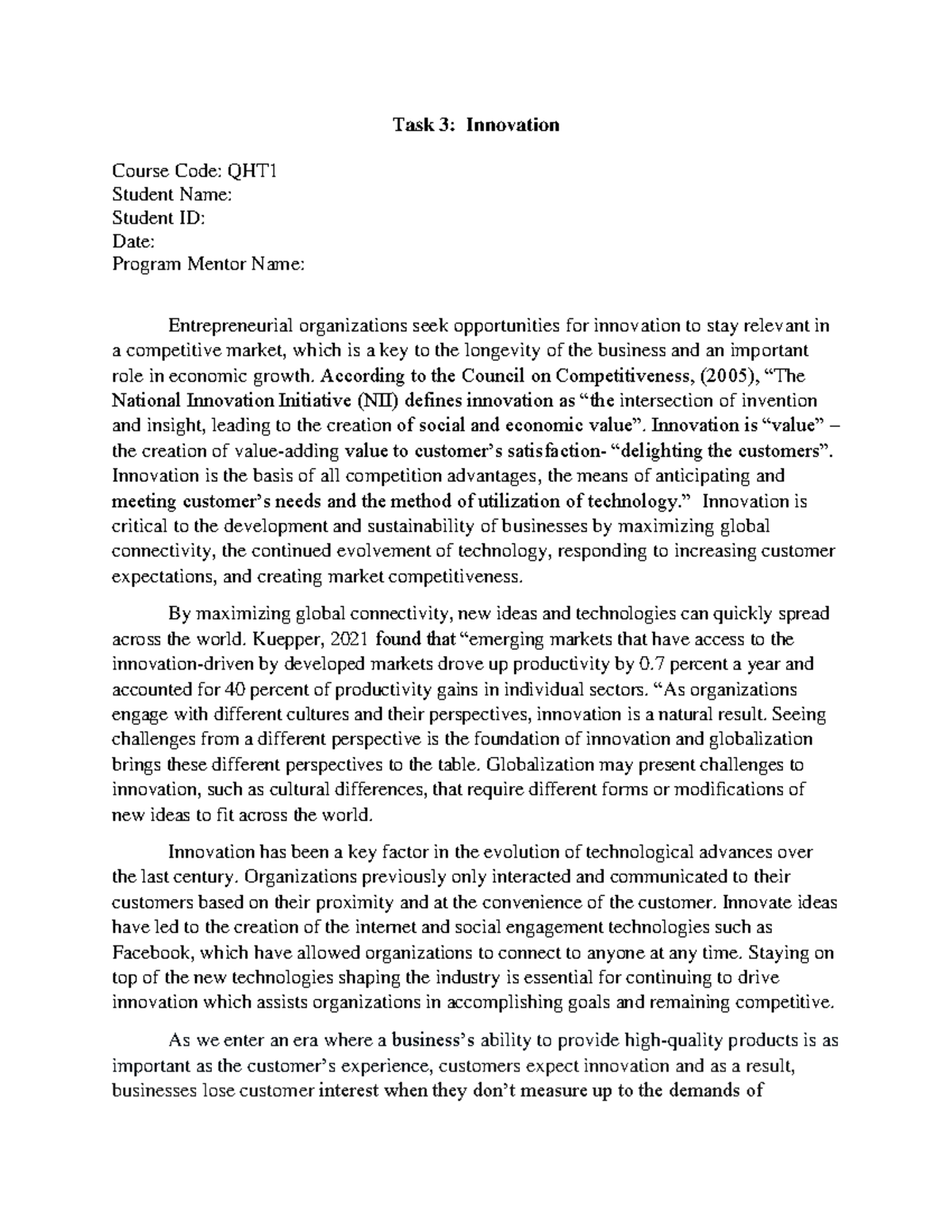 QHT1-Task 3 - Task 3-Passed - Task 3: Innovation Course Code: QHT ...