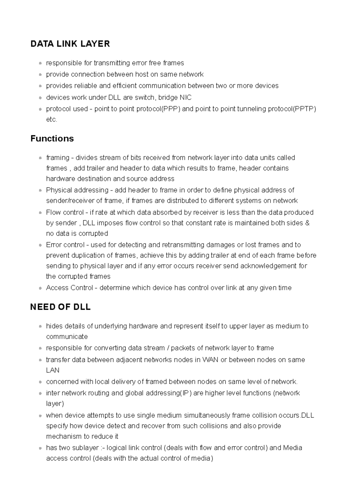 Unit2 - nanaaaaaaaaaaaaaaaaaaaaaaaaaaaaaaaaaaaaaaaaaaa - DATA LINK LAYER Functions NEED OF DLL ...