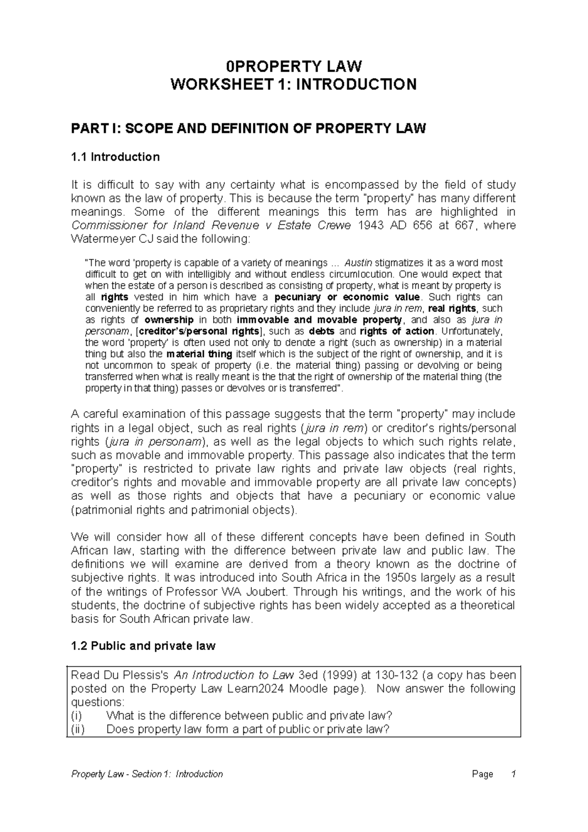 Worksheet 1 Introduction - 0 PROPERTY LAW WORKSHEET 1: INTRODUCTION ...