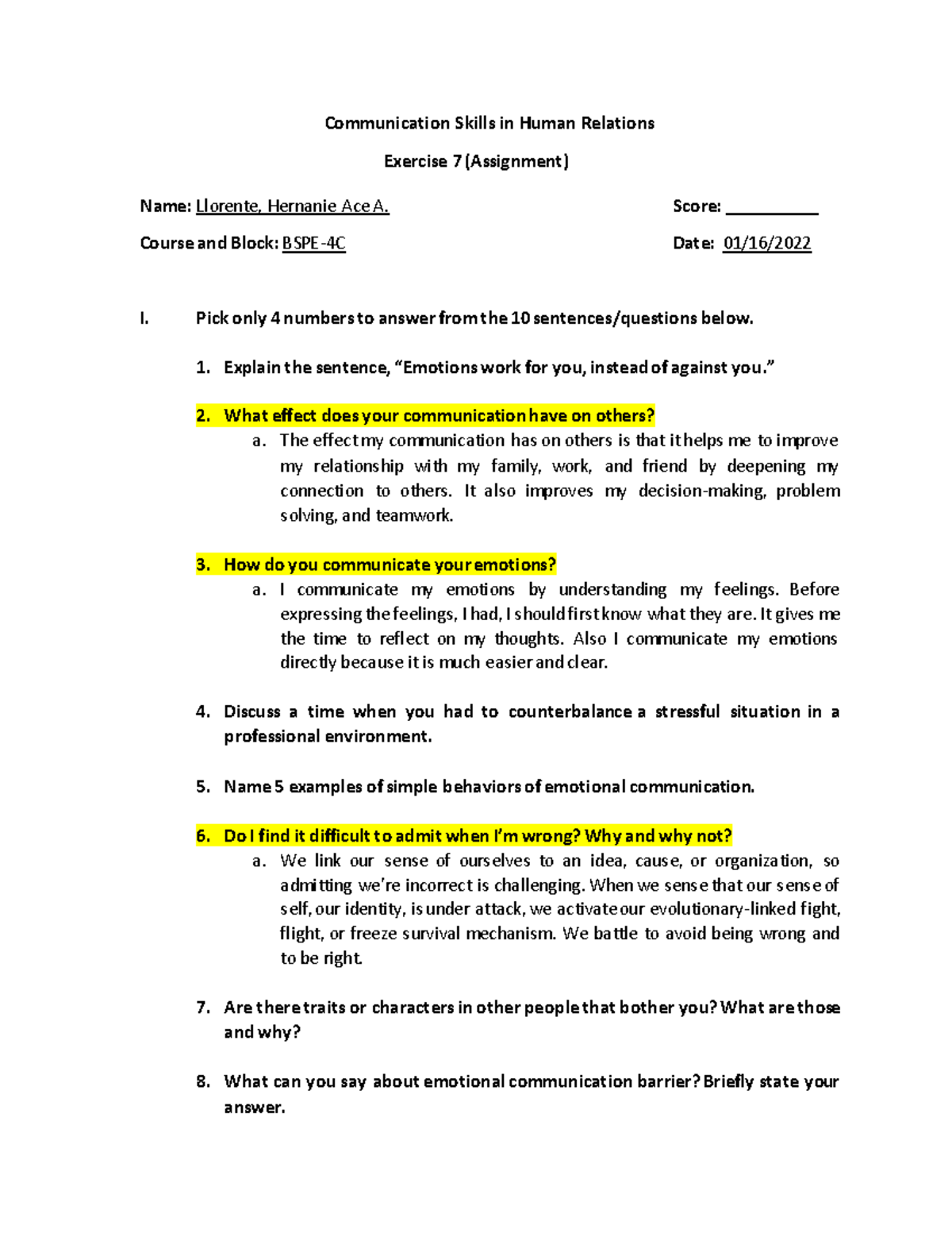 Exercise 7 Communication Skills In Human Relations - Communication 