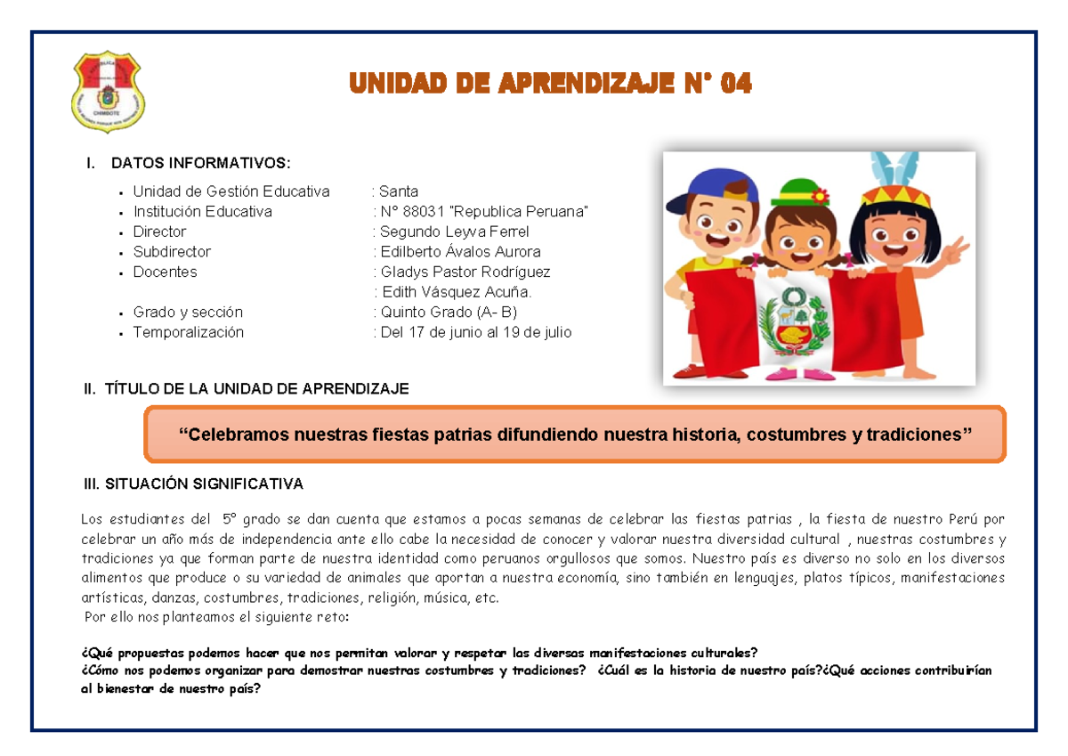 Unidad DE Aprendizaje N 04- Quinto Grado 2024 - UNIDAD DE APRENDIZAJE N ...