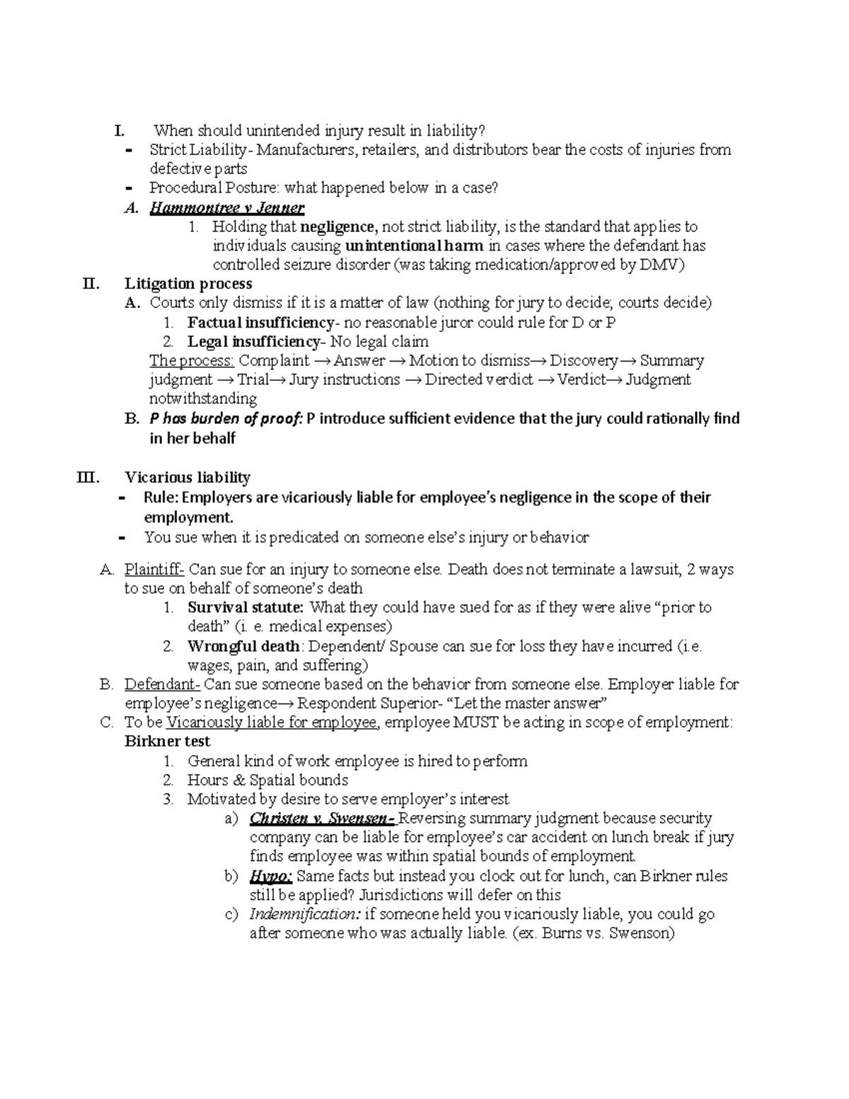 Torts Outline - I. When should unintended injury result in liability ...