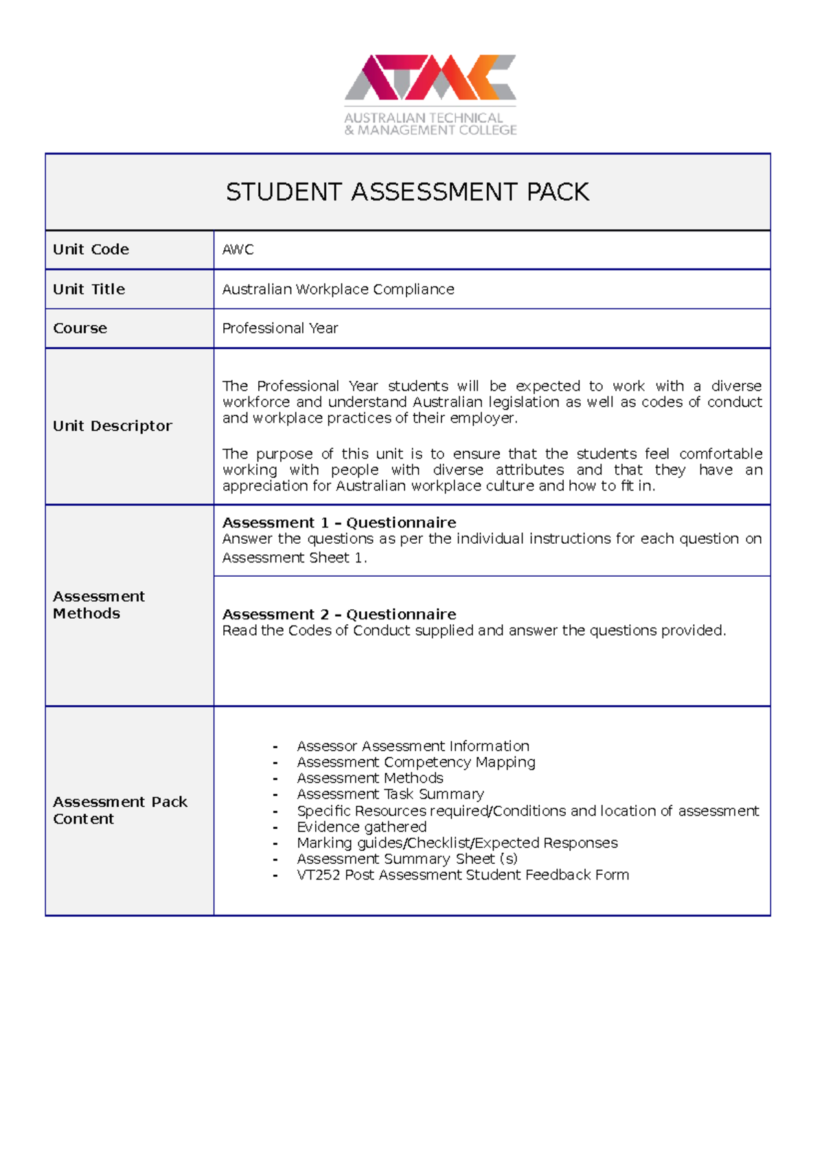AWC Assessment Pack Australian Workplace Compliance V1 - STUDENT ...