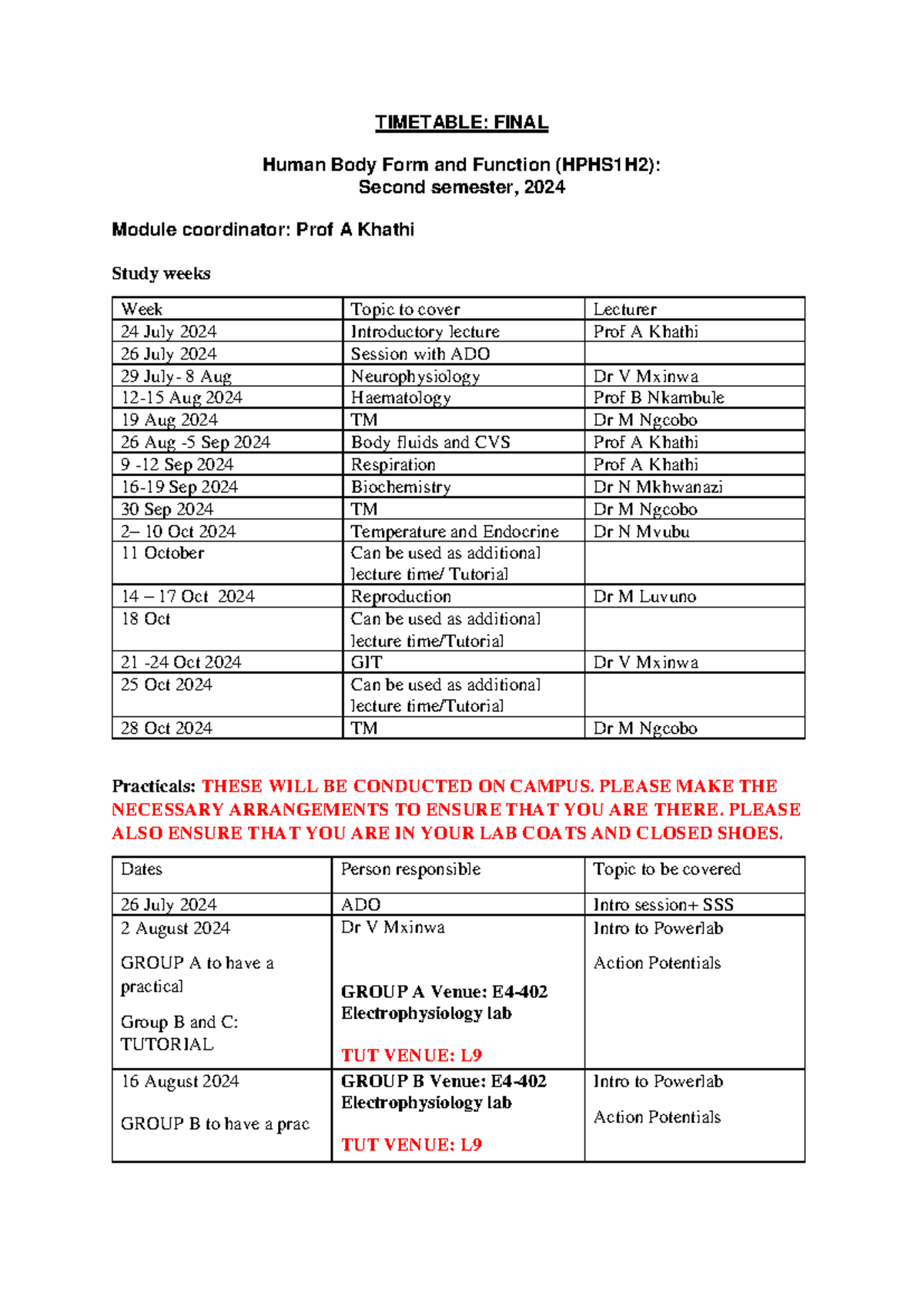 HPH2 1H2 2024 timetable 9f86d1e96ffb7966ca9ad3ff807a72ad - TIMETABLE: FINAL Human Body Form and ...