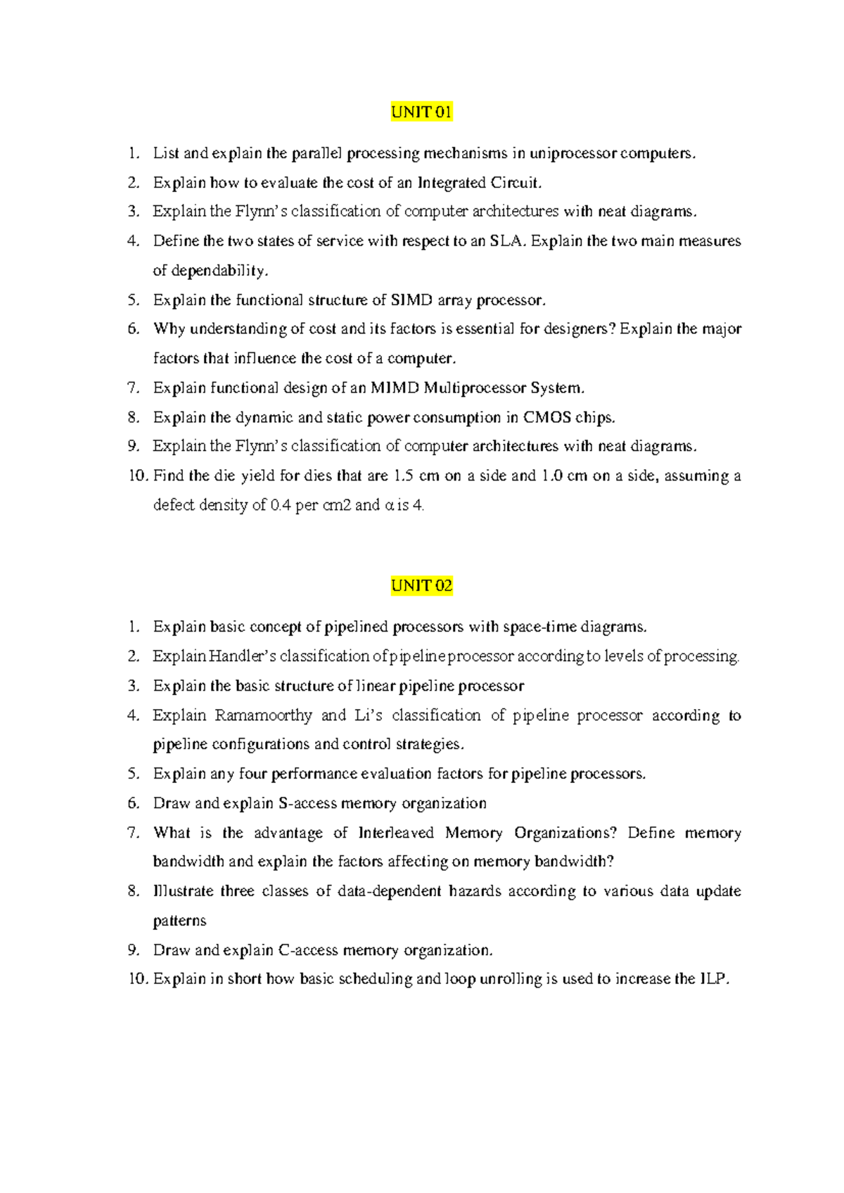 Questions List ACA - UNIT 01 List and explain the parallel processing ...