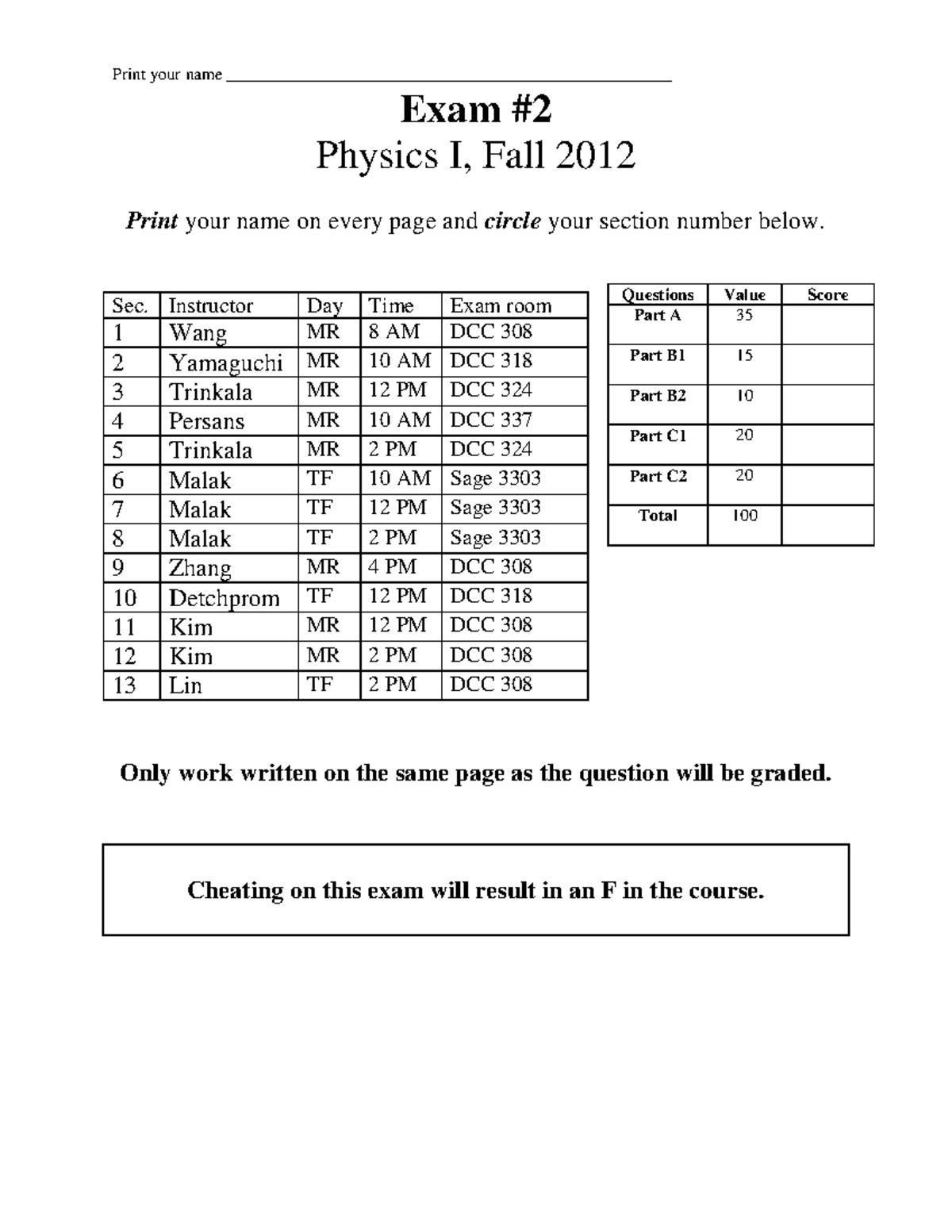 Exam2-F12 - Back exam - Print your name on every page and circle your ...