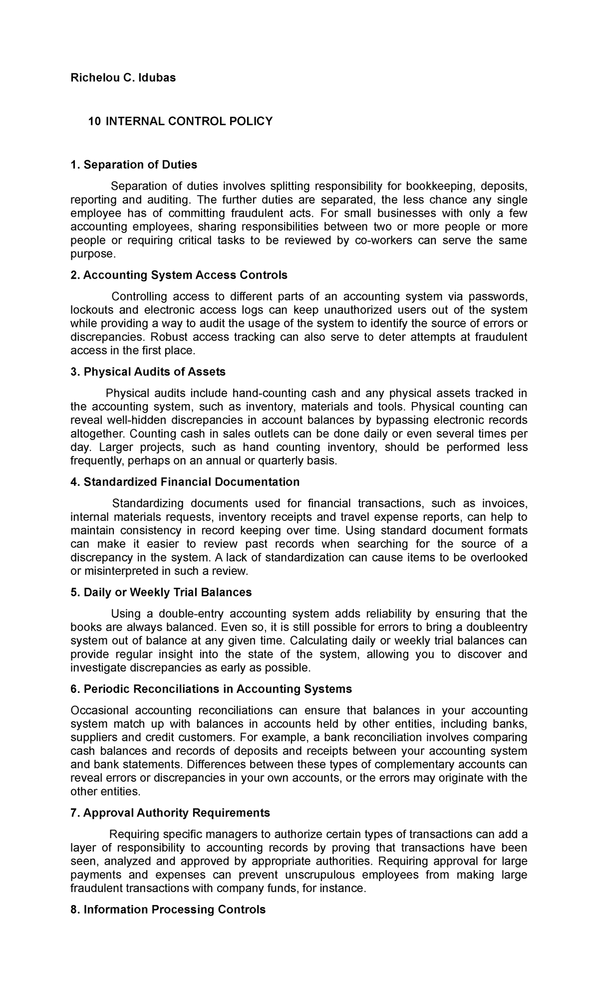 10-Internal-Control-Policy Tesda - Richelou C. Idubas 10 INTERNAL ...