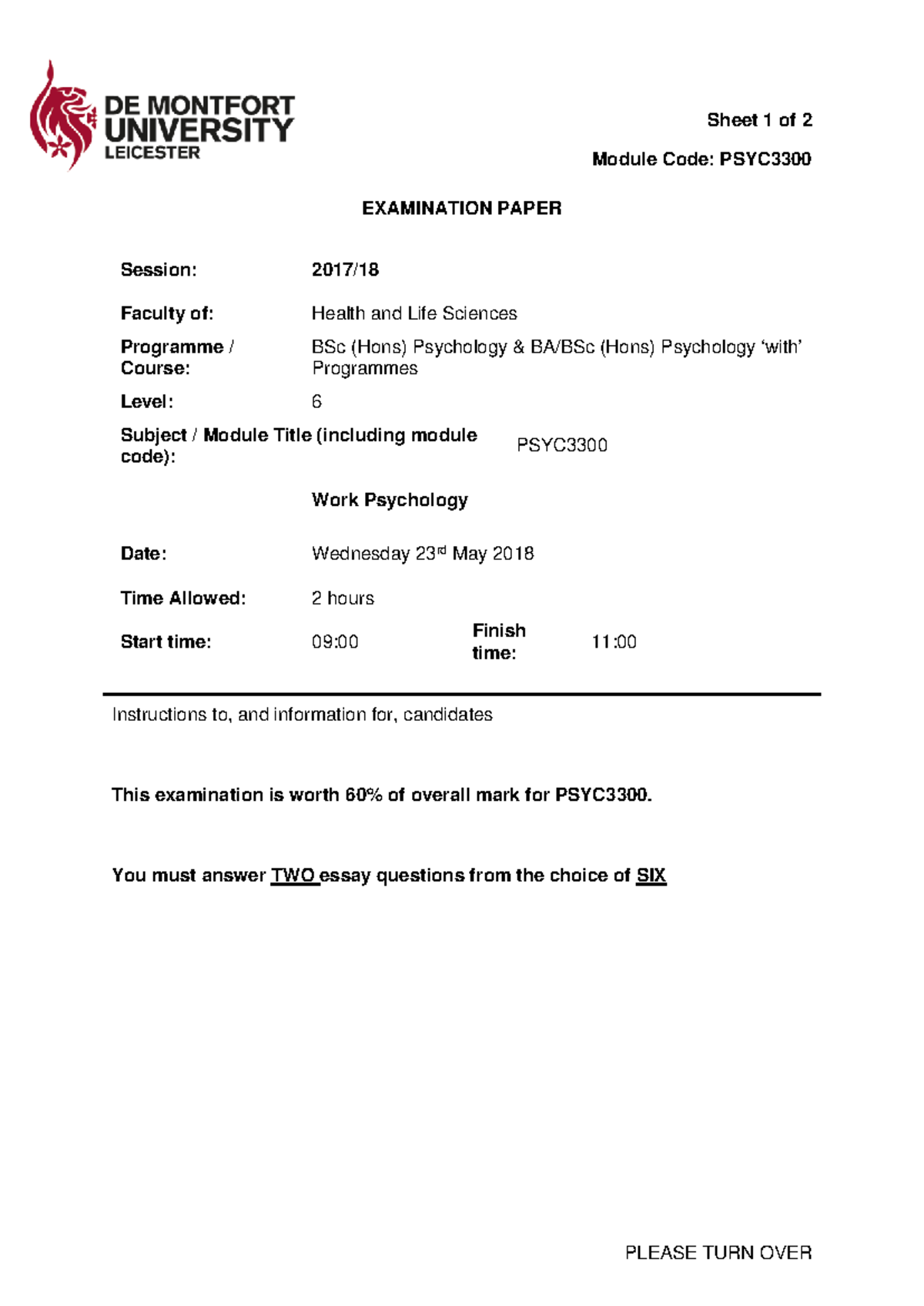 Psyc3300 Exam 2018 Warning Tt Undefined Function 32 Sheet 1 Of 2 Module Code Psyc Please