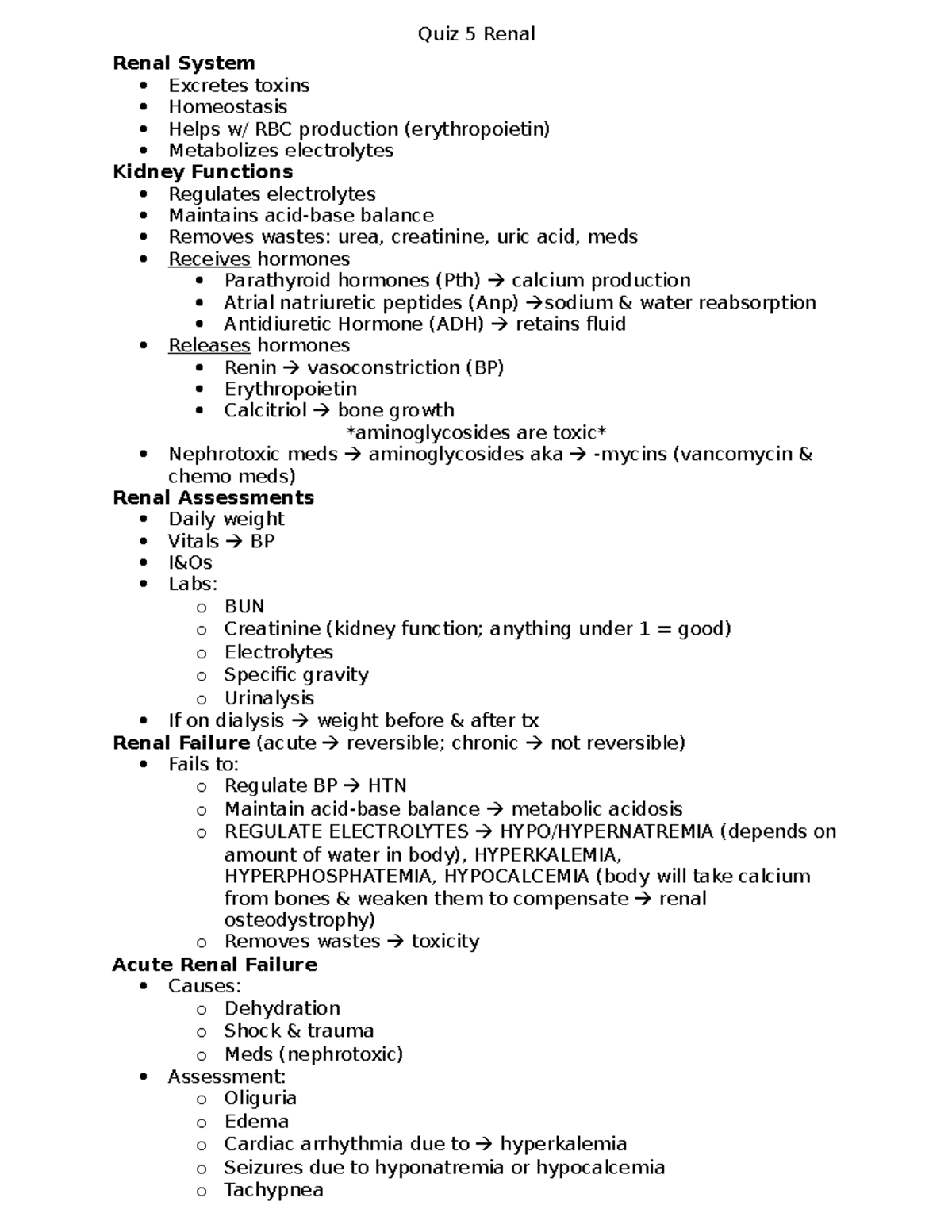 Quiz 5 Renal Study Guide - Renal System Excretes toxins Homeostasis ...