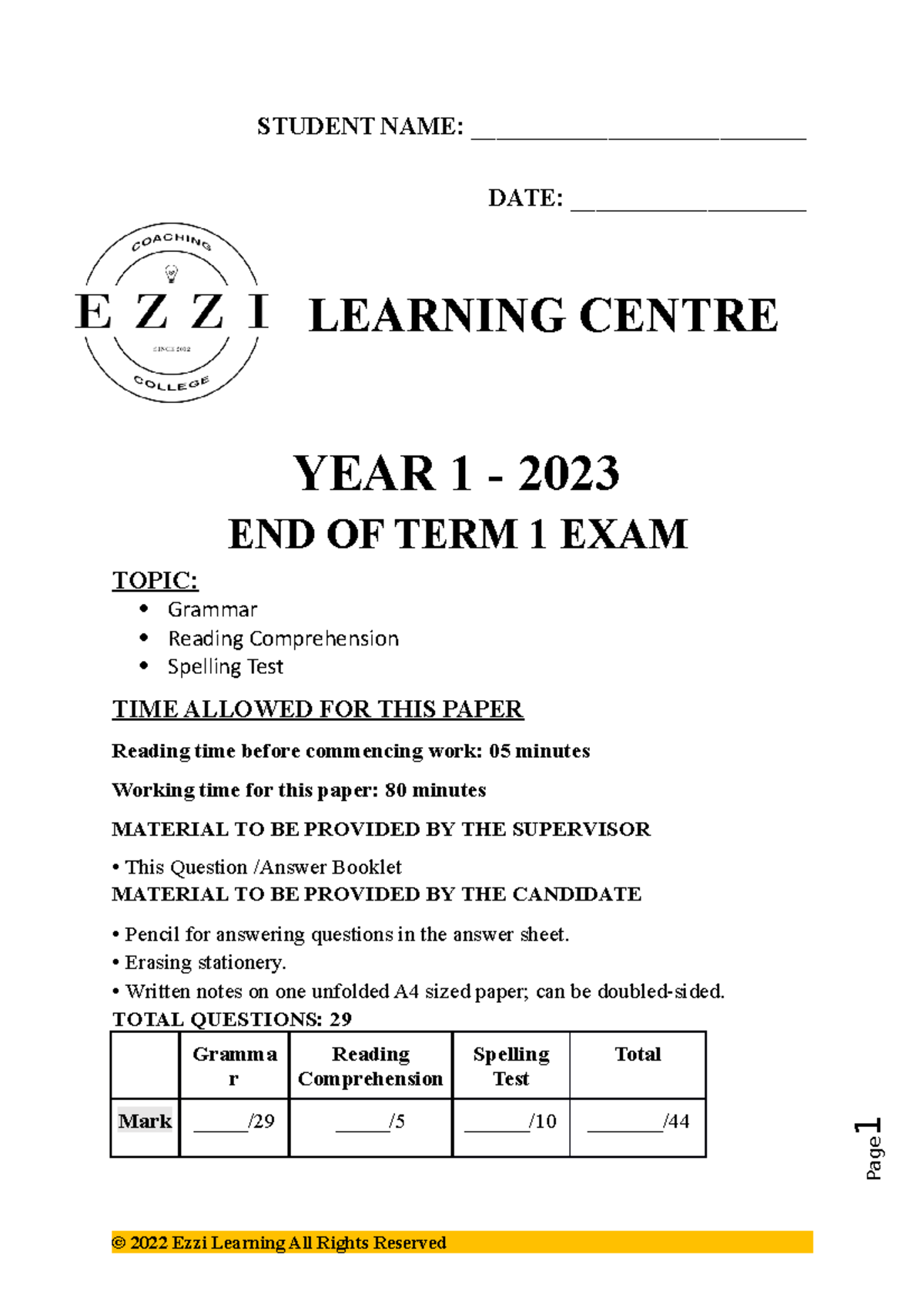 Sample layout for English EXAM 2023 - STUDENT NAME ...