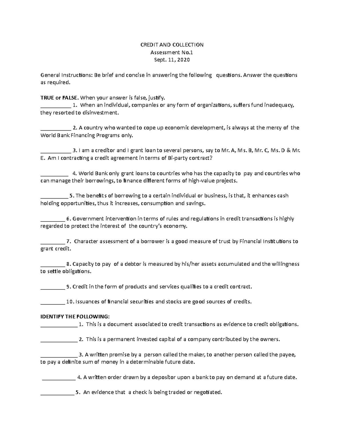 Credit AND Collection - CREDIT AND COLLECTIONAssessment No. Sept. 11 ...