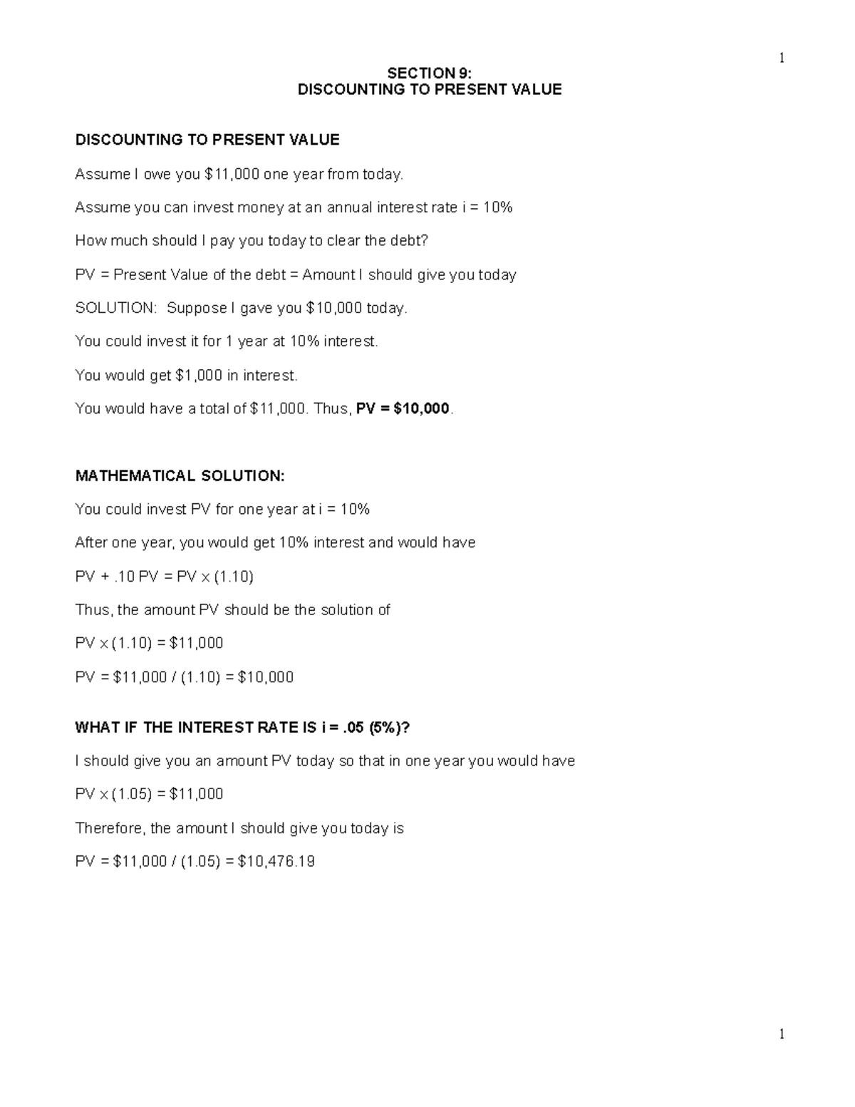 09 Present Value - Lecture notes 9 - SECTION 9: DISCOUNTING TO PRESENT ...