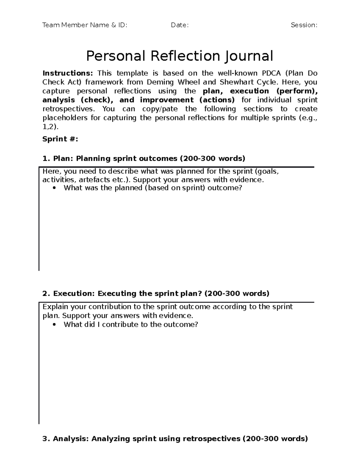 Personal Reflection Journal Template - Team Member Name & ID: Date ...