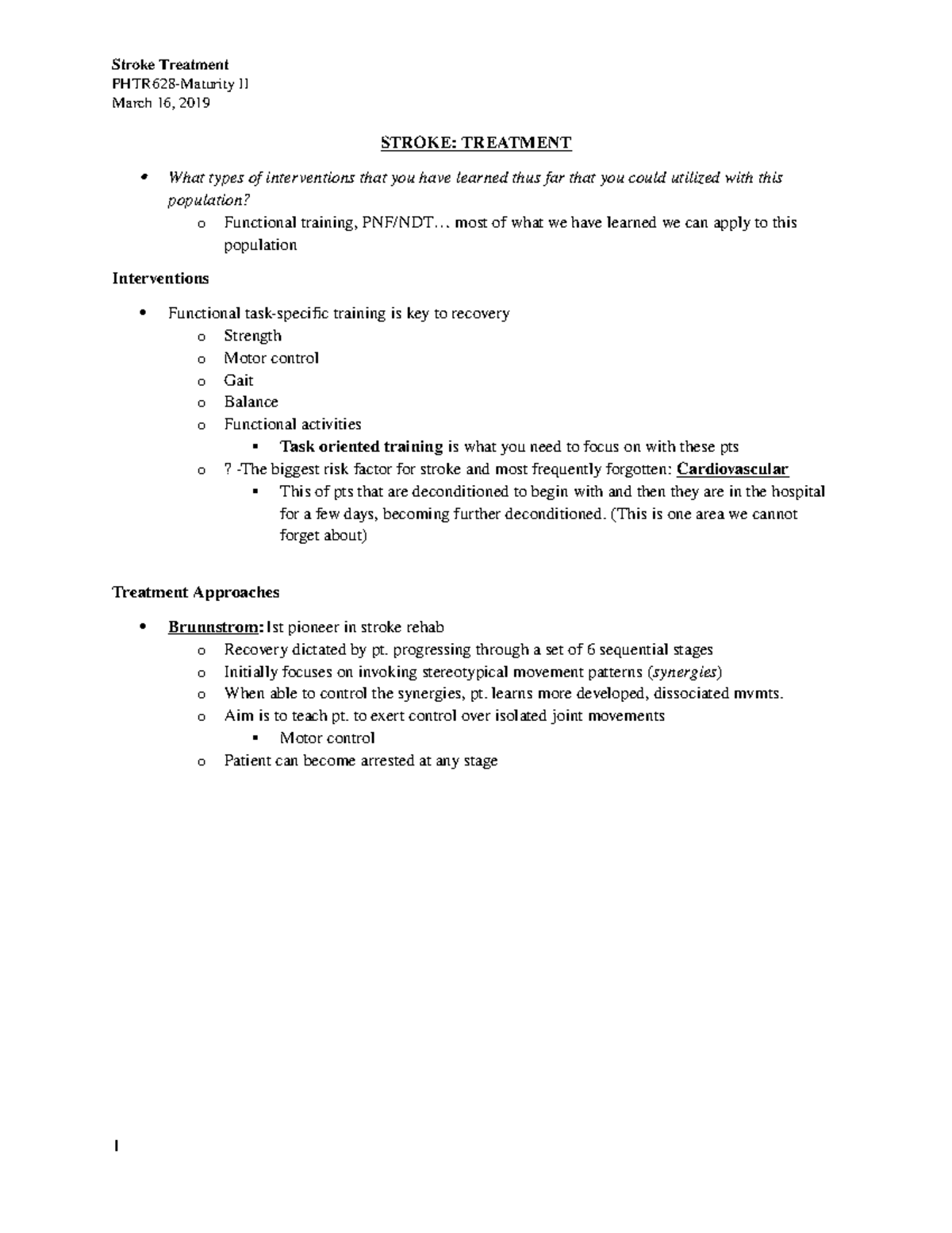 Stroke Treatment - Lecture notes week 6 - PHTR628-Maturity II March 16 ...