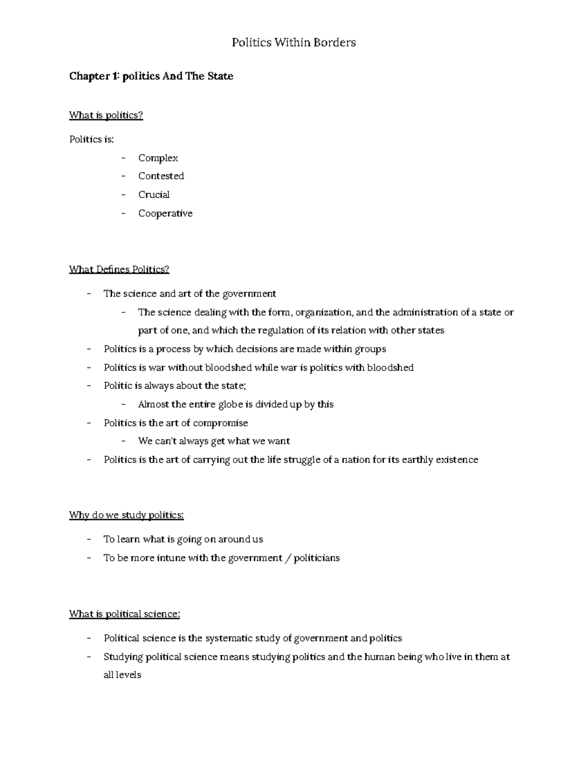 POLI SCI Notes - Chapter 1 politics And The State What is politics ...