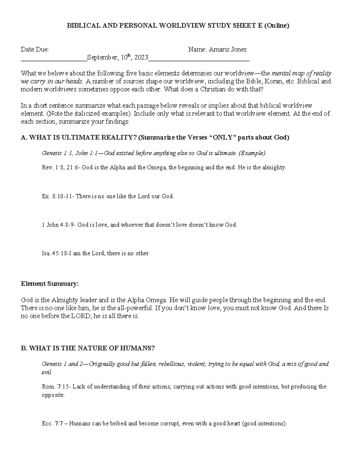 Worldview study sheet WK3 100RELG - BIBLICAL AND PERSONAL WORLDVIEW ...