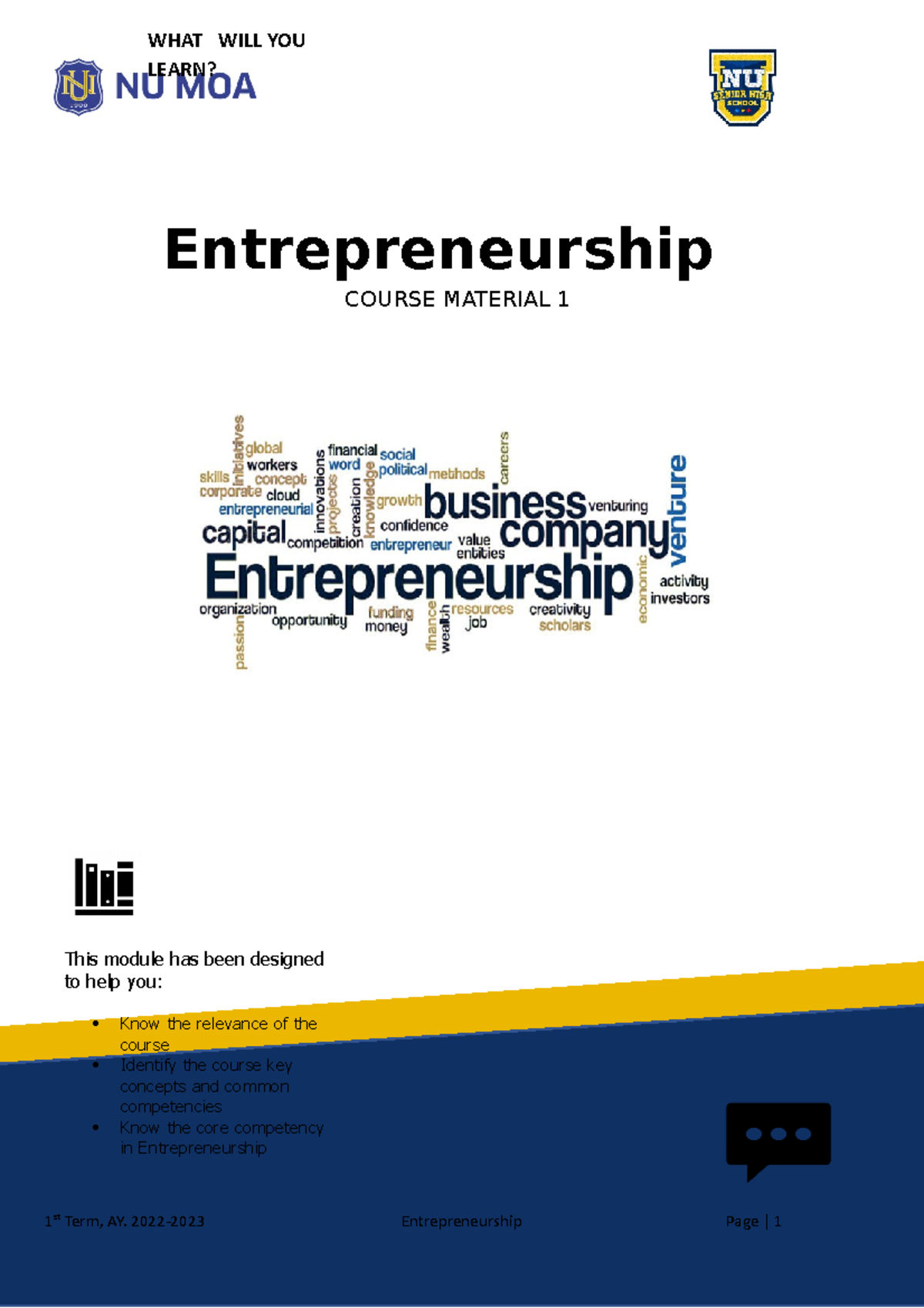 Entrepreneurship lecture - Entrepreneurship COURSE MATERIAL 1 This ...