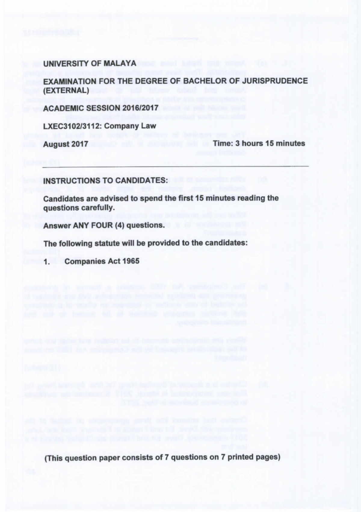 LXEC3102 3112 E 1 2017 - Soalan EXAM - Company Law - Studocu