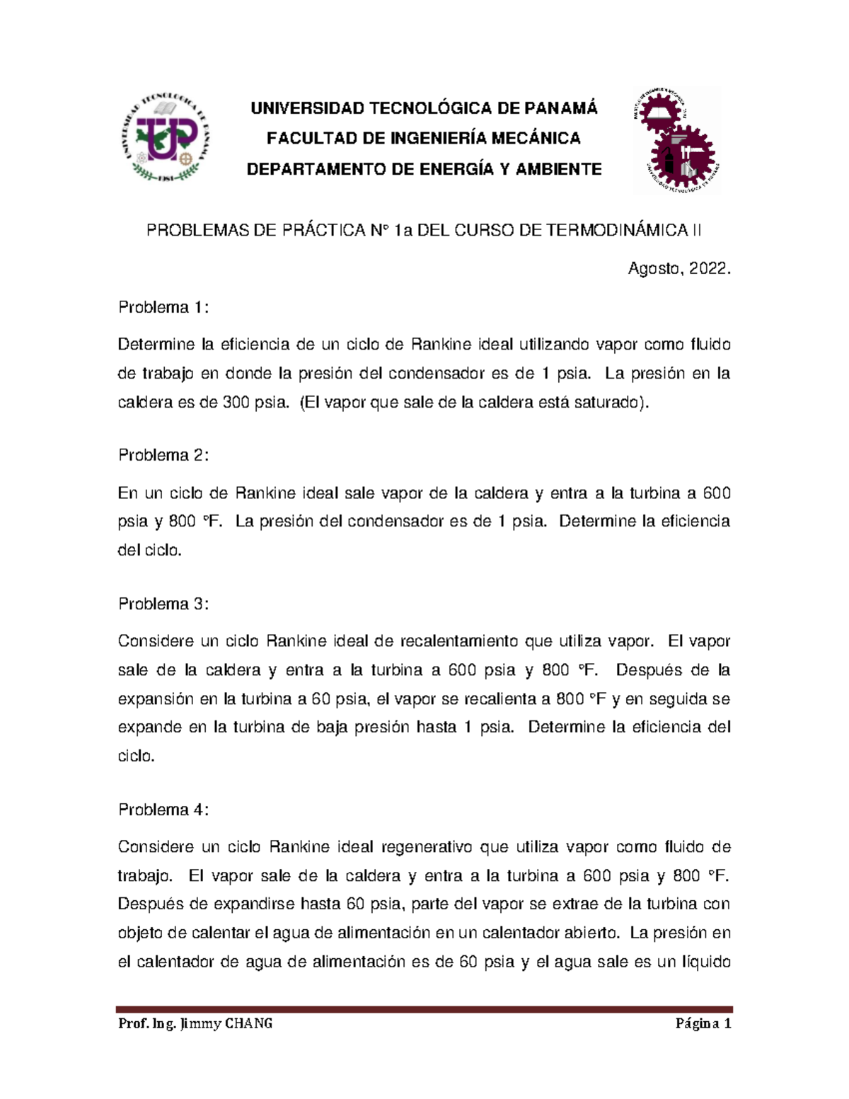 Problemas de Práctica N° 1a de Termodinámica II - Prof. Ing. Jimmy CHANG P·gina 1 UNIVERSIDAD ...