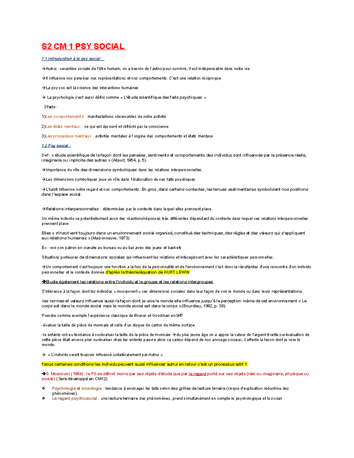 S2 CM 1 PSY Social - CM S2 L1 - S2 CM 1 PSY SOCIAL 1 Introduction à la psy social : Autrui ...