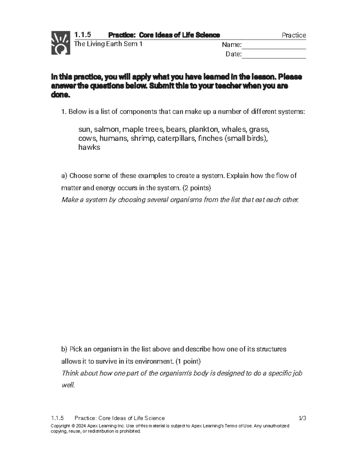 1.1.5 Practice - Core Ideas of Life Science (Practice) - Practice: Core ...