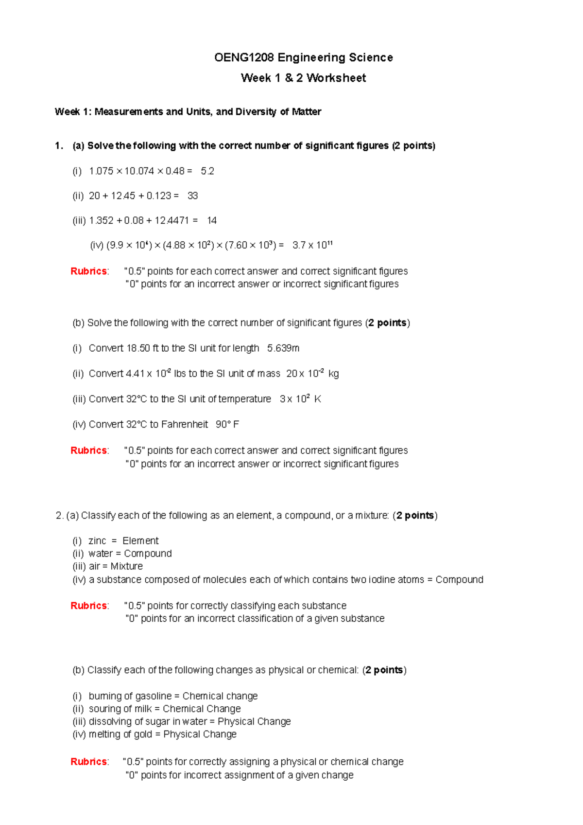 Exercise Worksheet - Week 1&2-3 - OENG1208 Engineering Science Week 1 ...