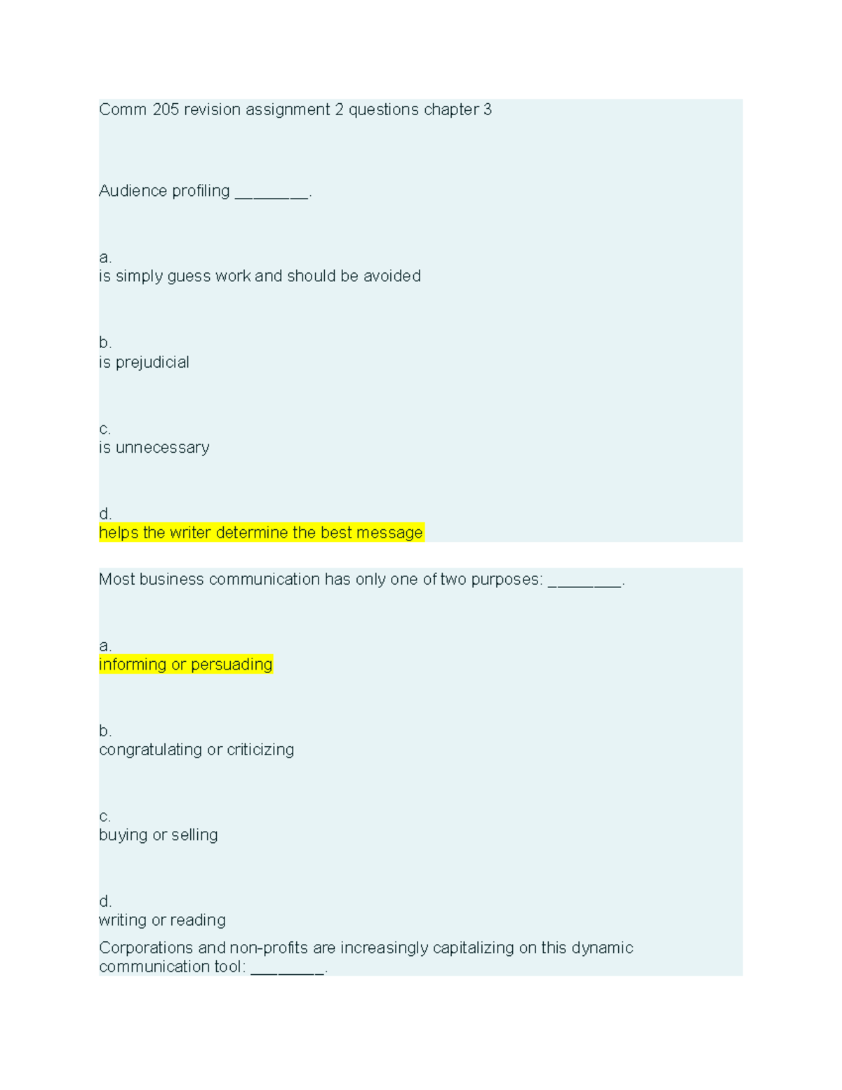 Comm 205 revision assignment 2 questions chapter 3 - Comm 205 revision assignment 2 questions ...