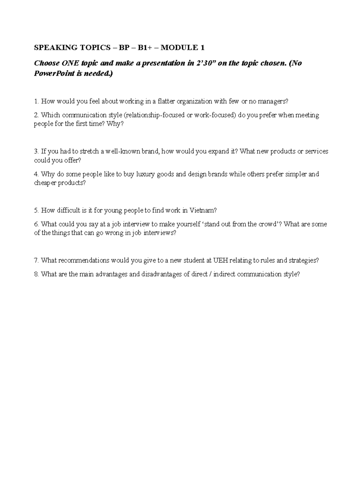 Speaking Topics Module 1 SPEAKING TOPICS BP B1 MODULE 1 Choose