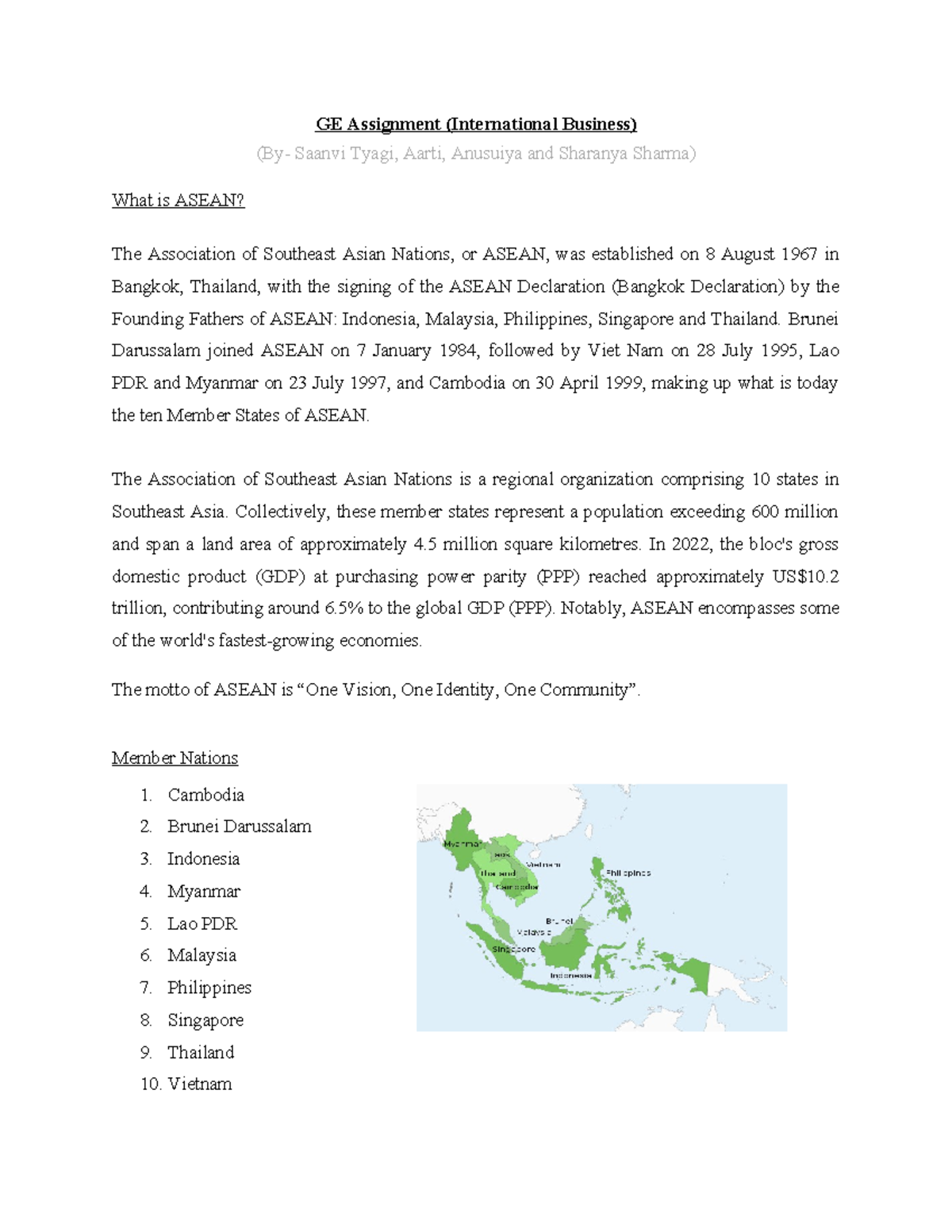 Asean Word File - GE Assignment (International Business) (By- Saanvi Tyagi, Aarti, Anusuiya and ...
