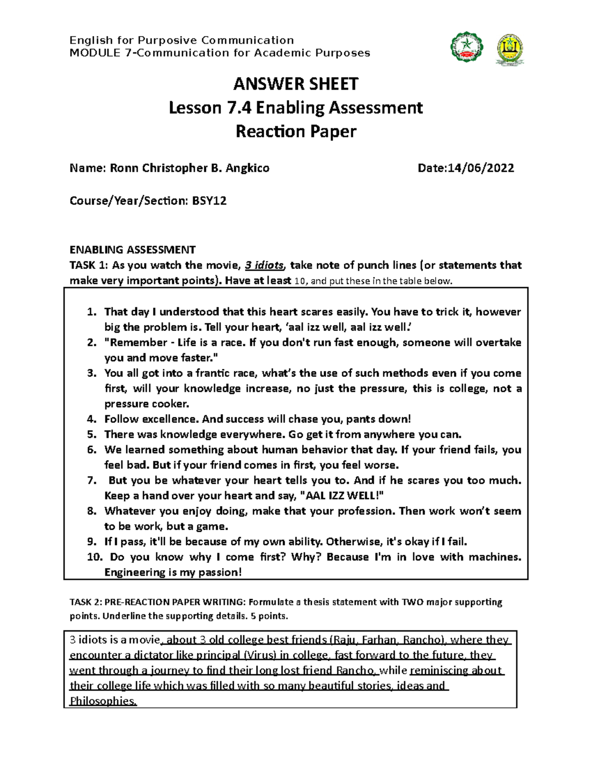 Module 7- Enabling Assessment Answer Sheet-Lesson 7 - English for ...