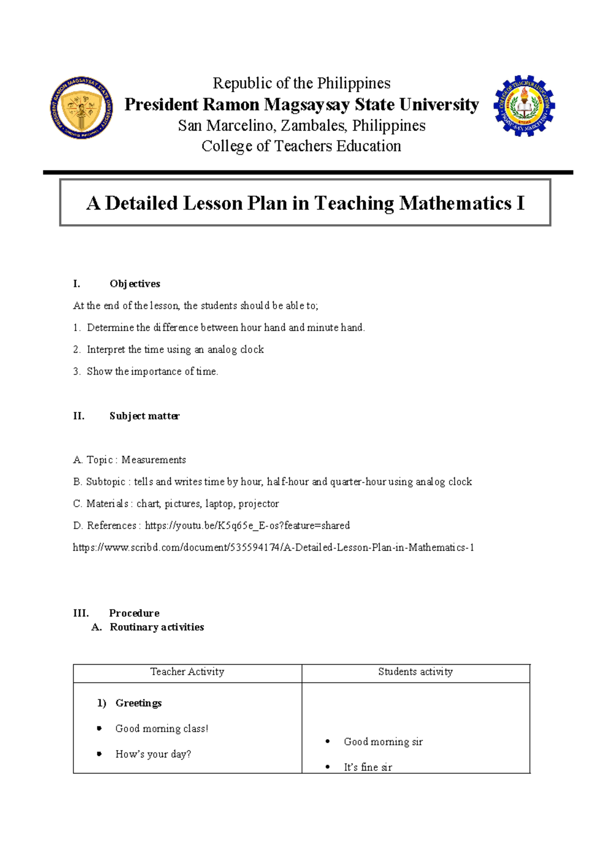 MY Lesson PLAN Teaching MATH - Republic of the Philippines President ...