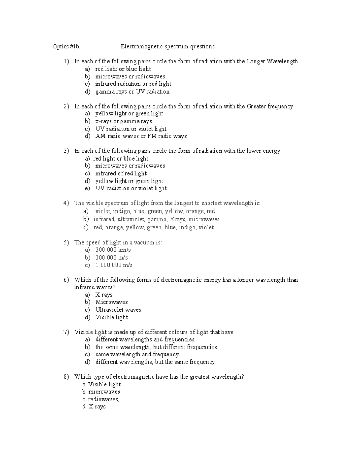 1b. Electromagnetic spectrum worksheet - Optics #1b. Electromagnetic ...