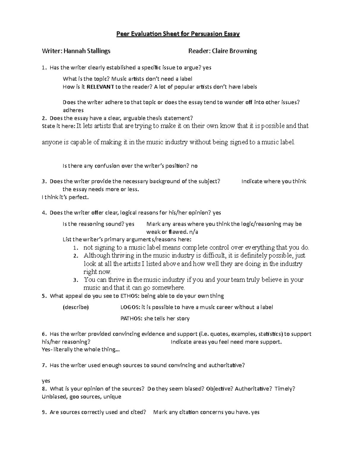Peer Review (Hannah) - Peer Evaluation Sheet for Persuasion Essay ...