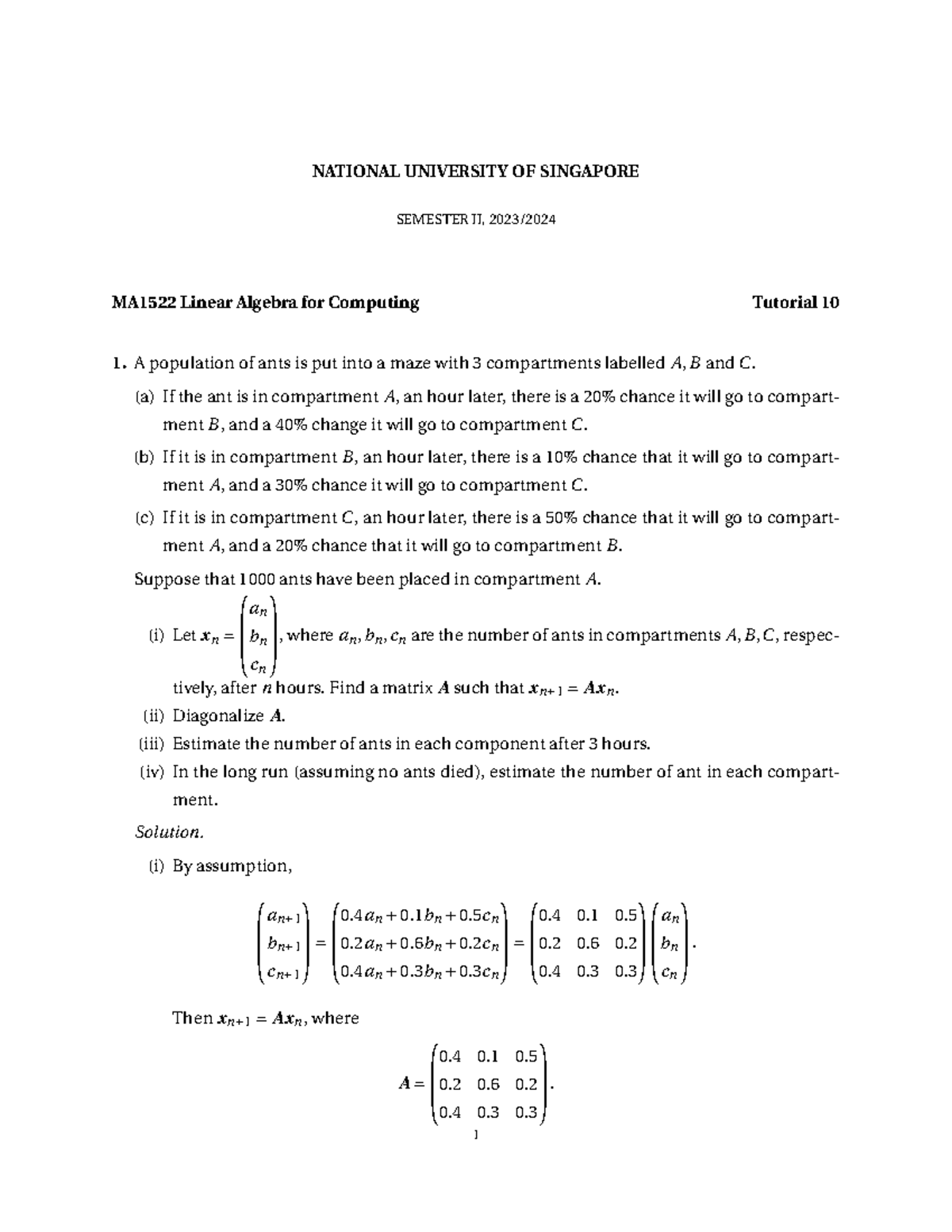Tut10s - Tutorial 10 - NATIONAL UNIVERSITY OF SINGAPORE SEMESTER II, 2023/ MA1522 Linear Algebra ...