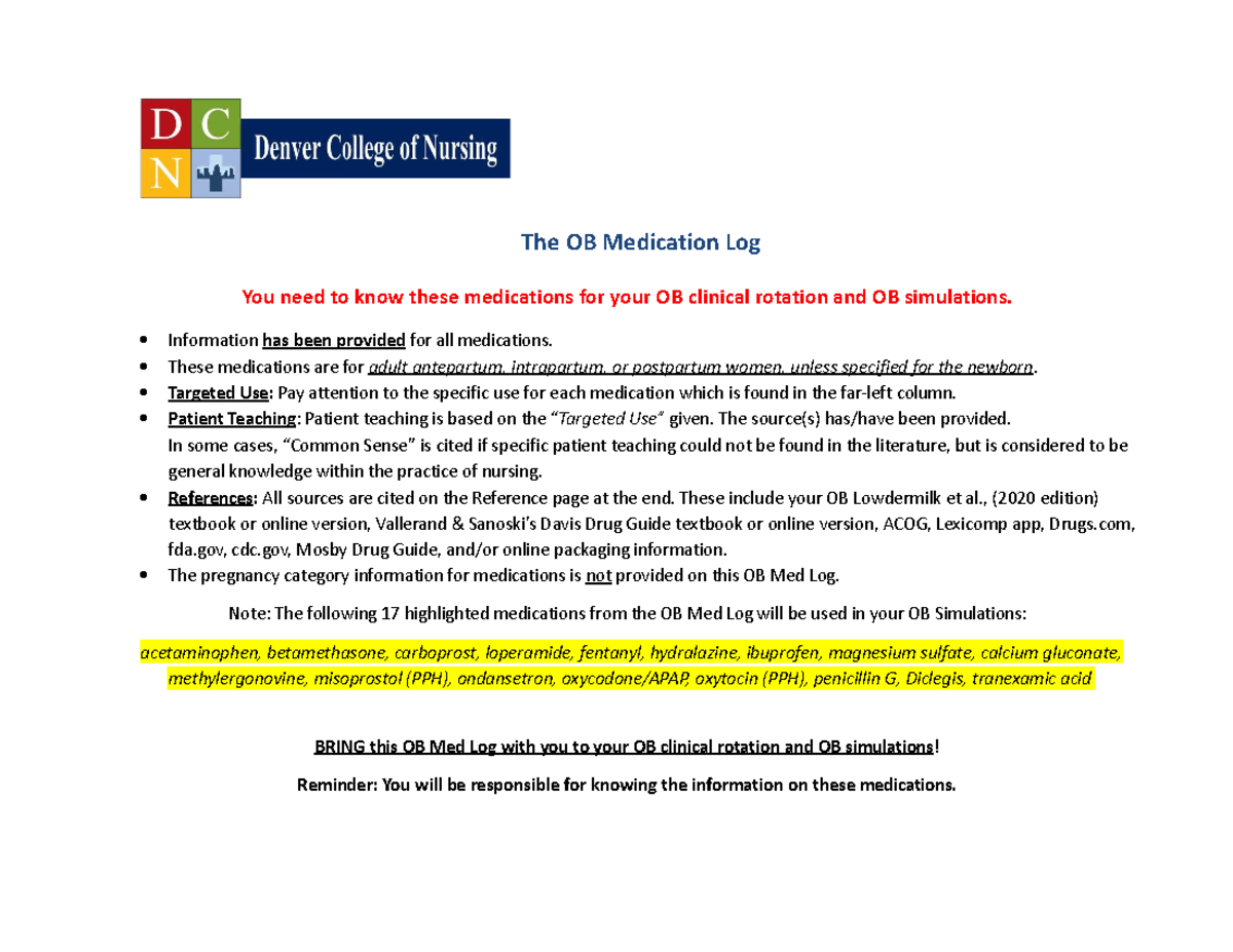 OB Medication Log 3-2023 - The OB Medication Log You need to know these ...