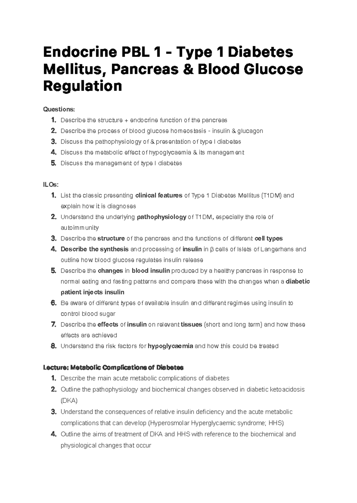 Type 1 Diabetes Mellitus, Pancreas and Blood Glucose Regulation - E n d ...