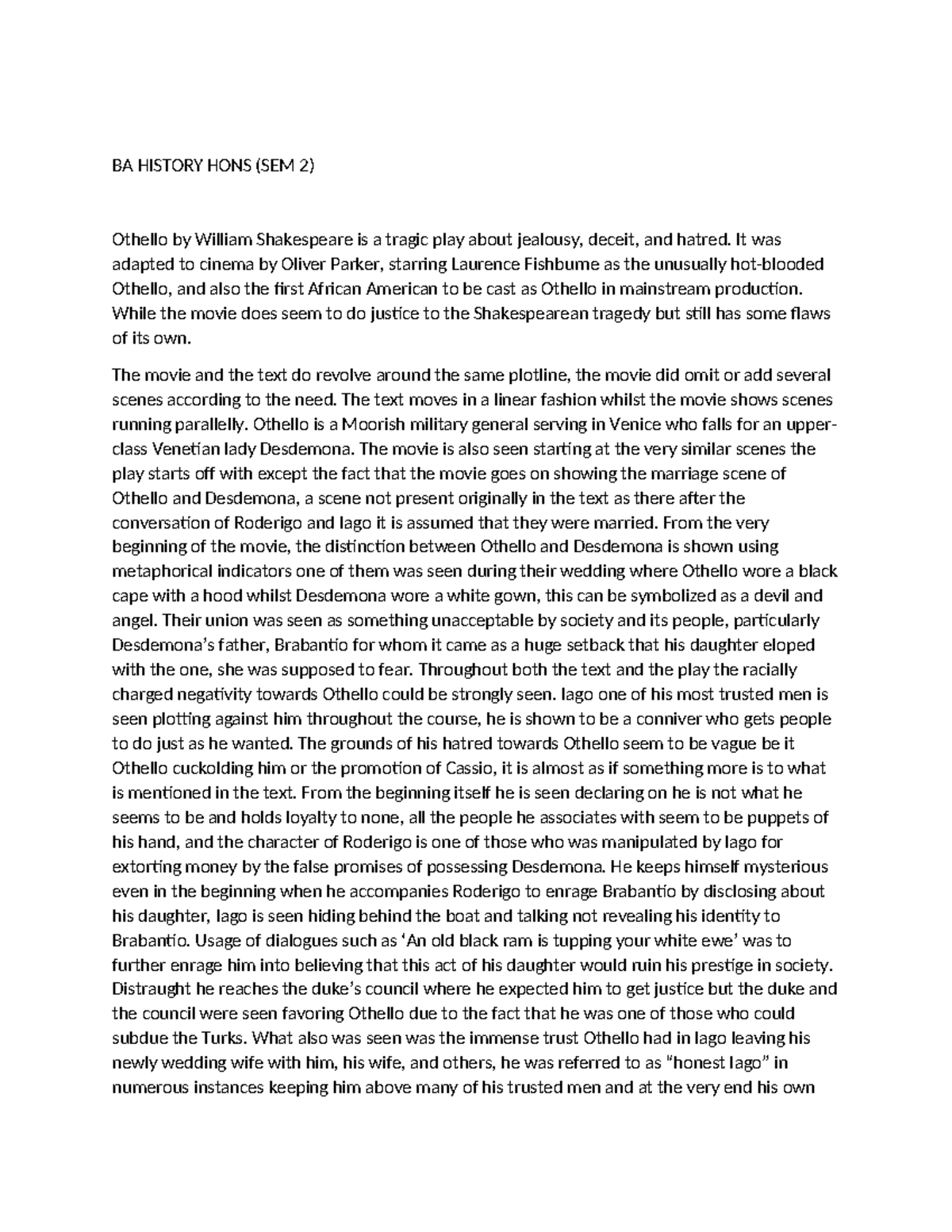 Othello analysis - BA HISTORY HONS (SEM 2) Othello by William ...