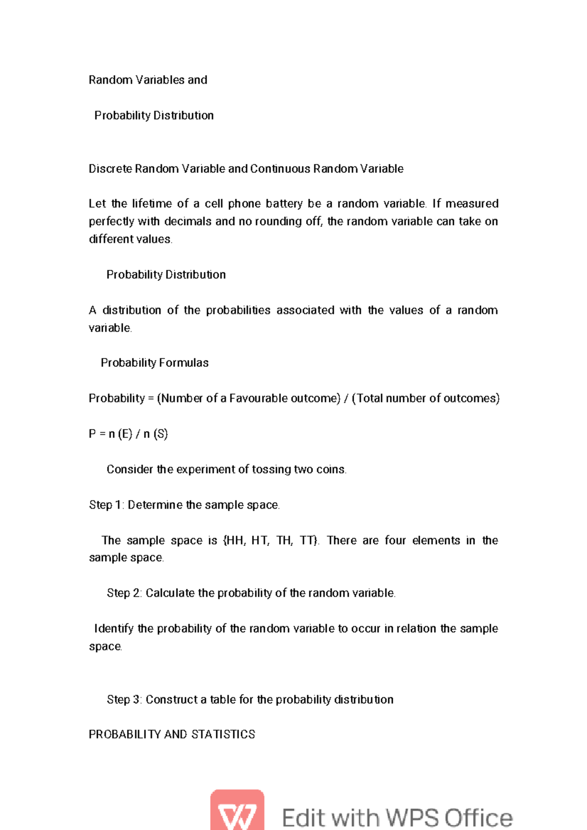 Random Variable - Statistics and Probability Continuos or discrete - Random Variables and - Studocu