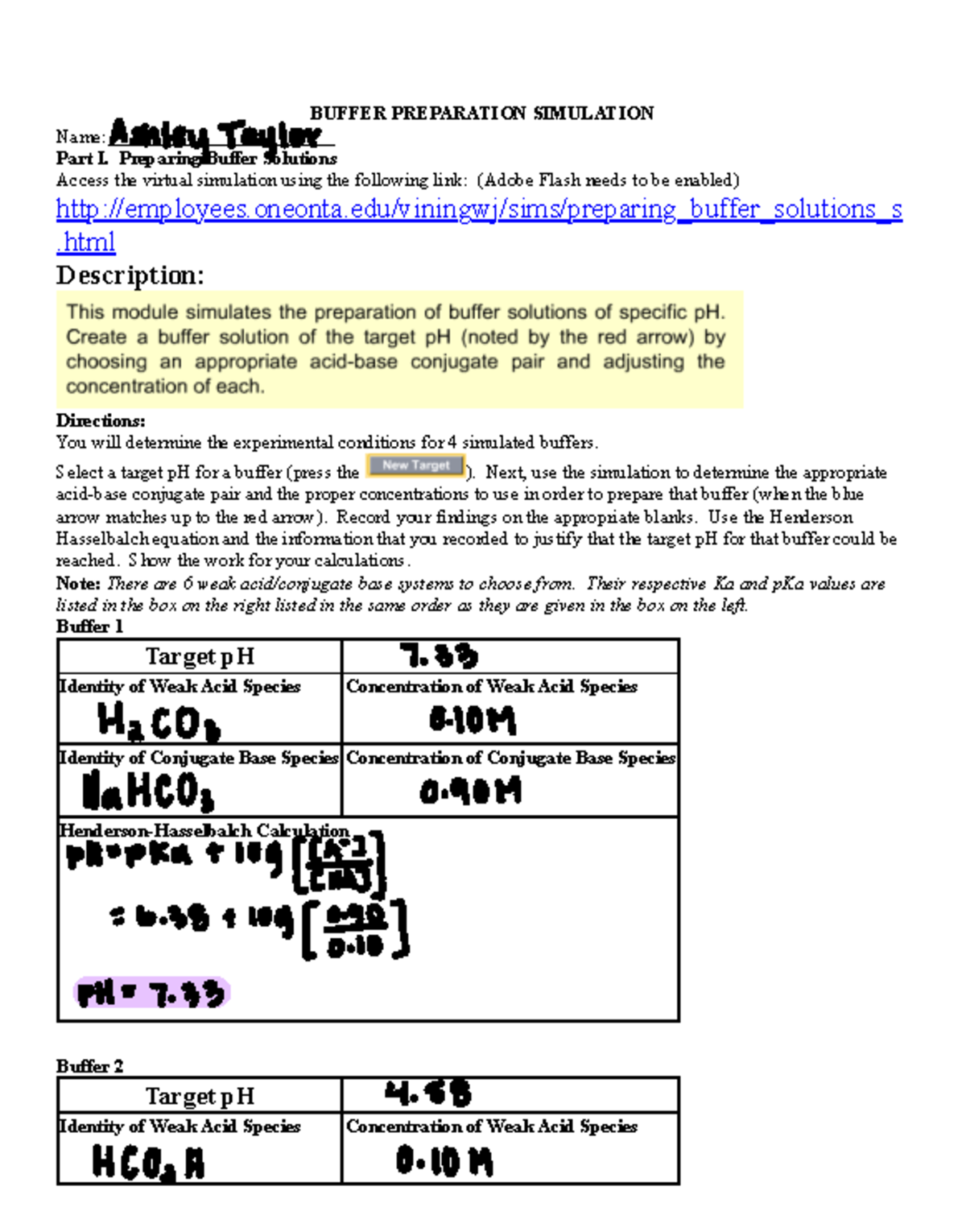 Virtual Lab - melissa bush - chem II lab - BUFFER PREPARATION SIMULATION - Studocu