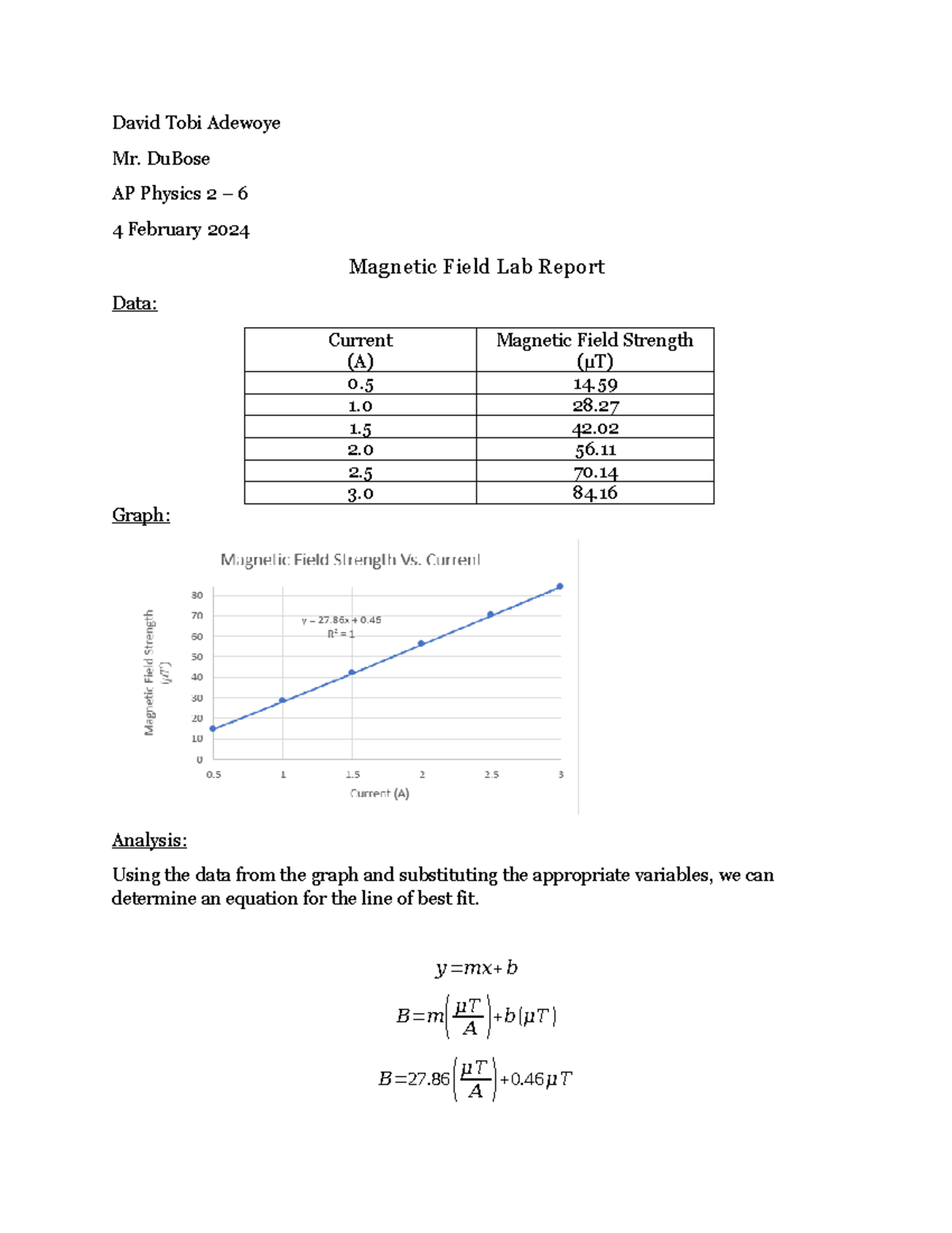 Magentic Field Lab Report - David Tobi Adewoye Mr. DuBose AP Physics 2 ...