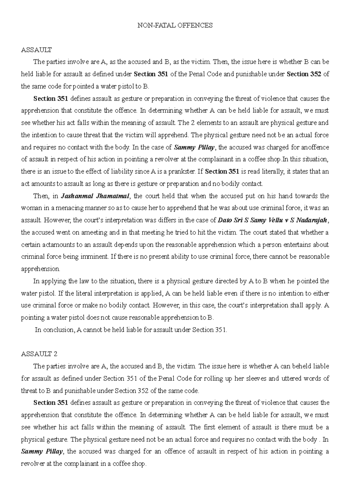 Non-fatal offences - Criminal law 2 - NON-FATAL OFFENCES ASSAULT The ...