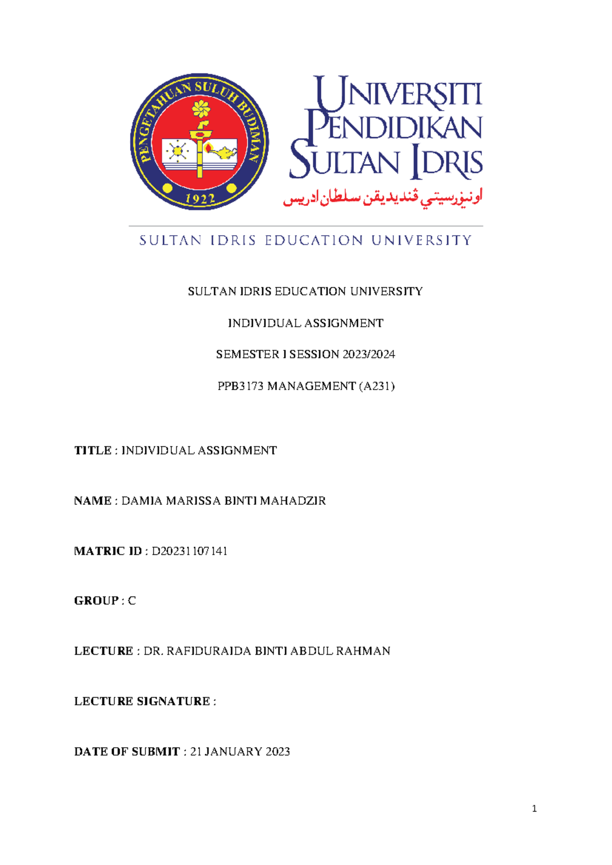 Individual- Management - SULTAN IDRIS EDUCATION UNIVERSITY INDIVIDUAL ...