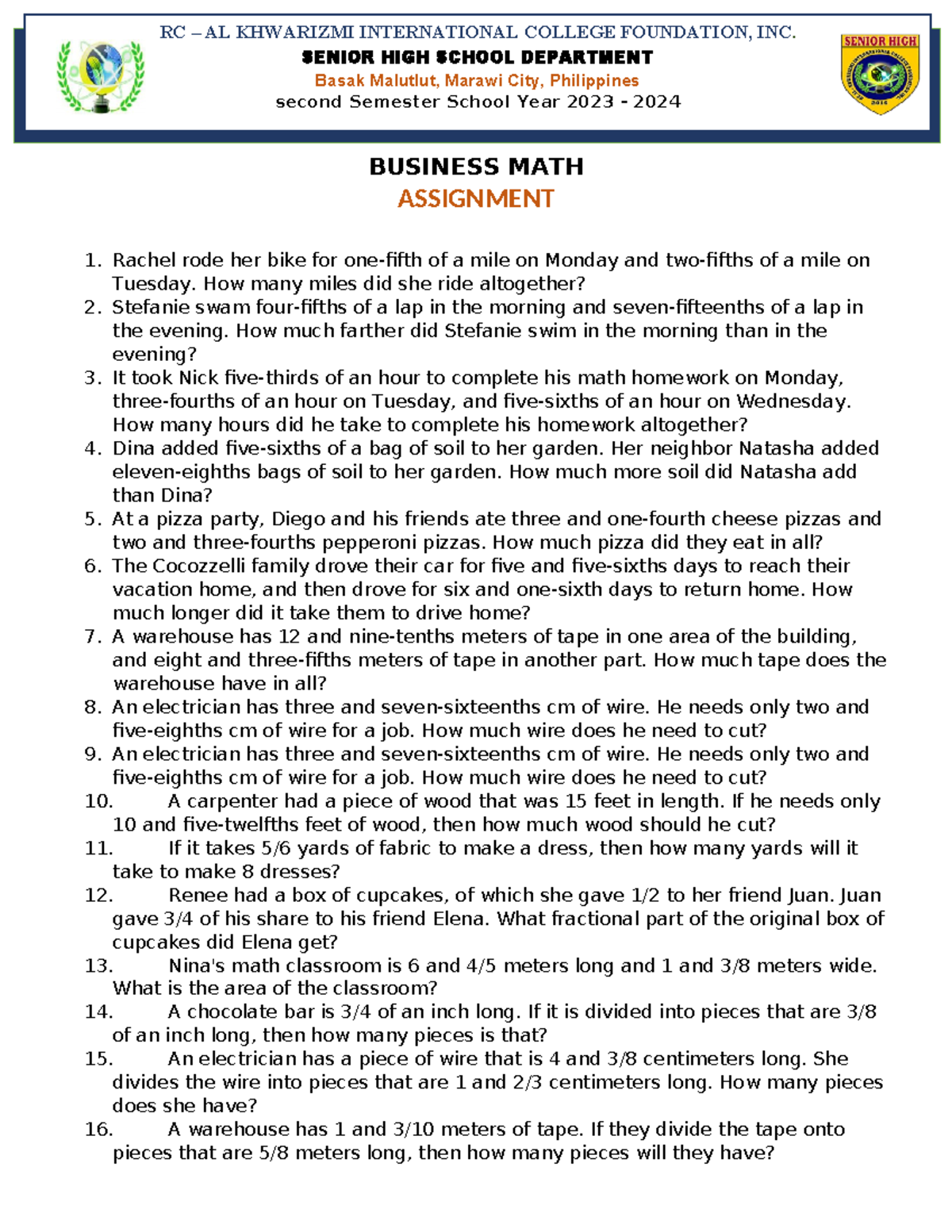 Business MATH assignment 1 - 0000000000000000 RC – AL KHWARIZMI INTERNATIONAL COLLEGE FOUNDATION ...