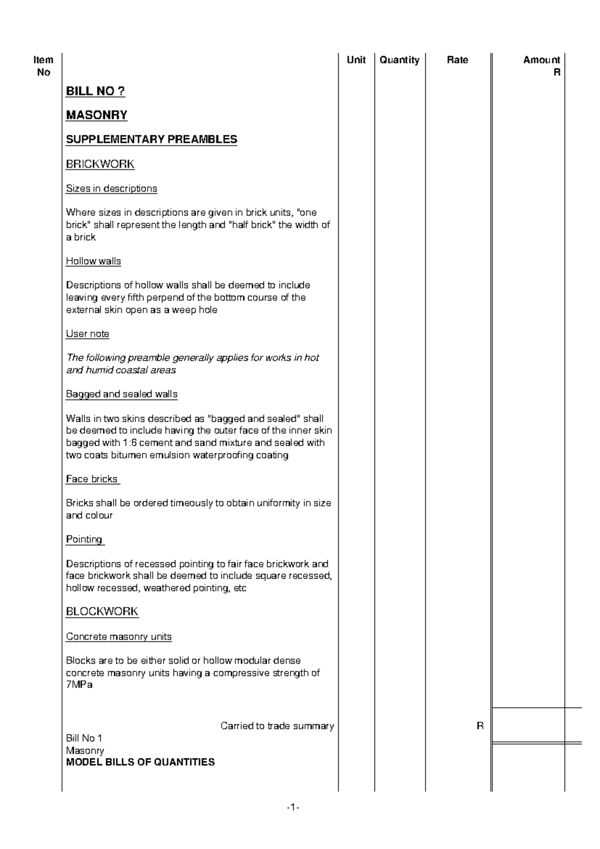 3. Masonry - Item Unit Quantity Rate Amount No R BILL NO? MASONRY ...