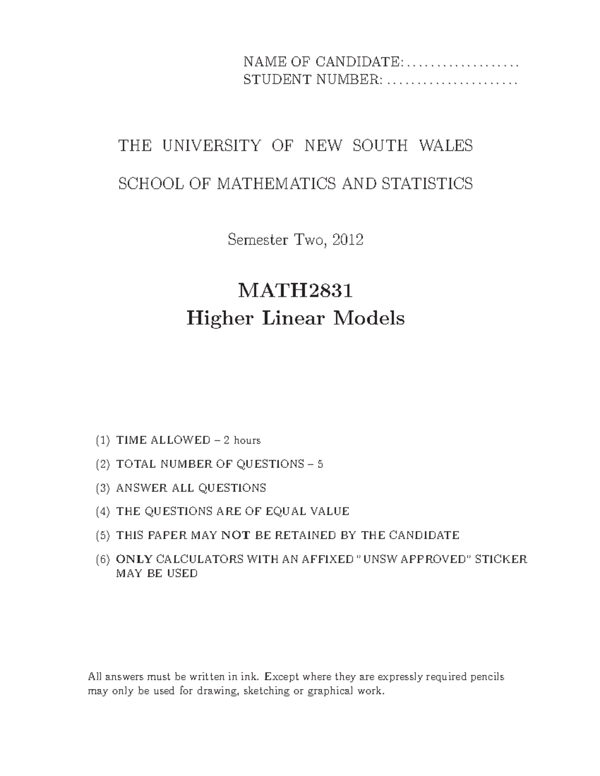 MATH2831 2012 - Maths Finals - NAME OF CANDIDATE ...
