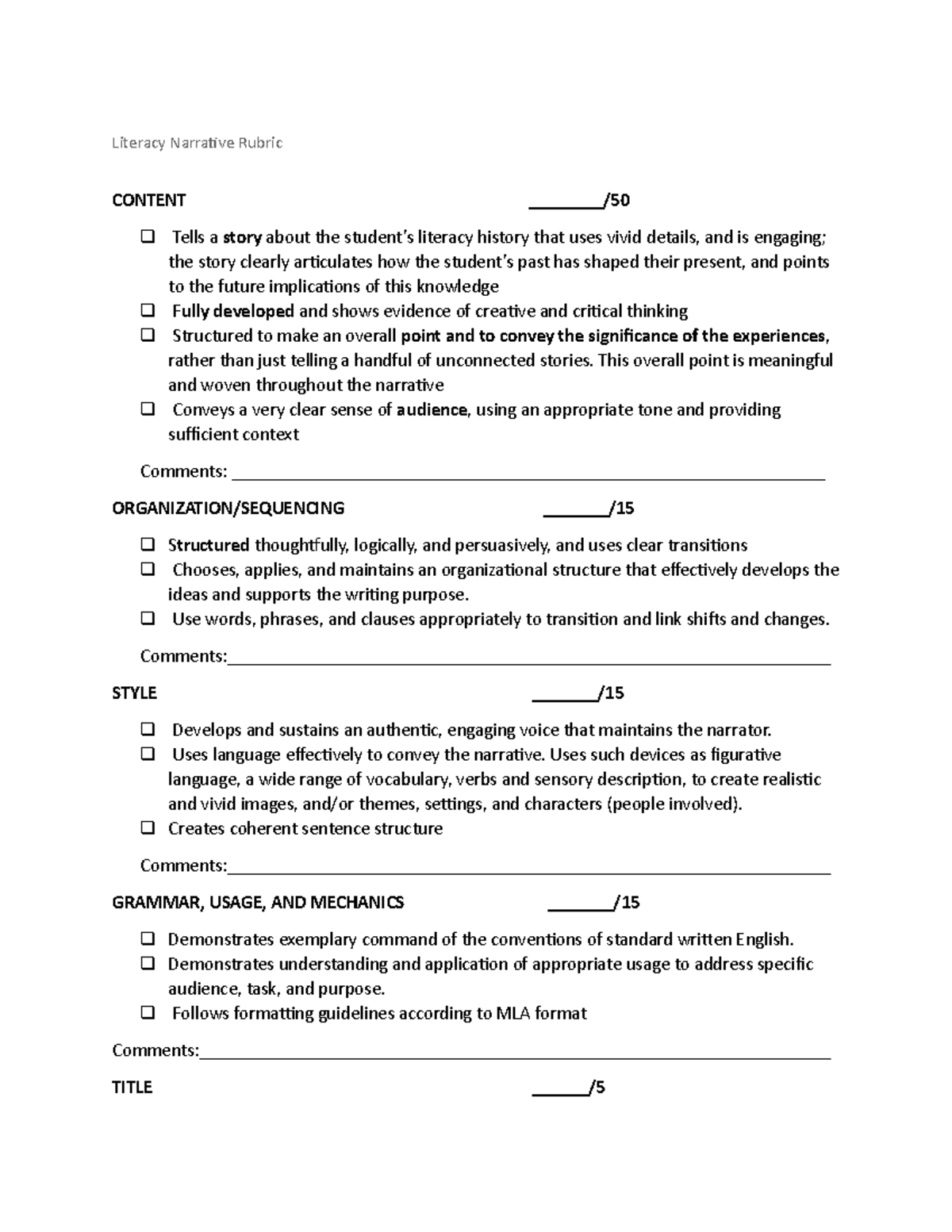 Literacy Narrative Rubric - Literacy Narrative Rubric CONTENT ...
