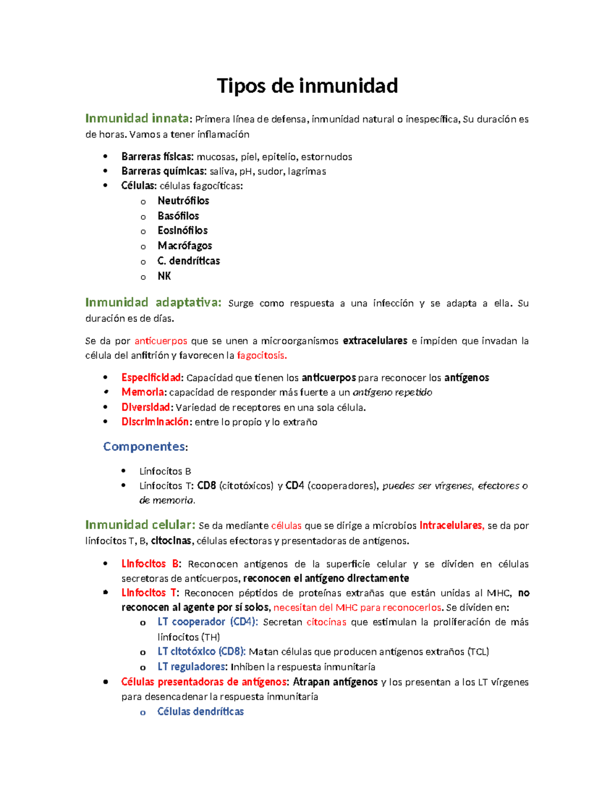 Inmunología resumen - Tipos de inmunidad Inmunidad innata: Primera línea de defensa, inmunidad ...