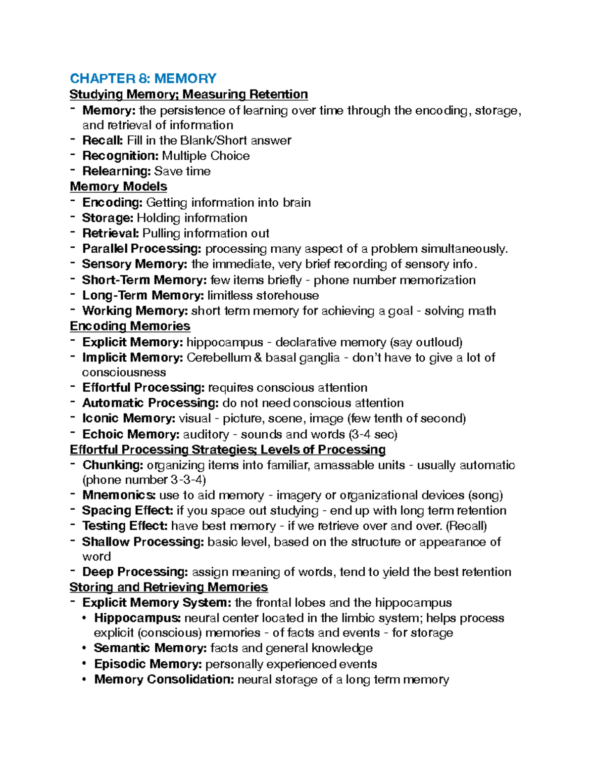 Psych Chapter 8 - Team taught - PSY 1305 - CHAPTER 8: MEMORY Studying ...