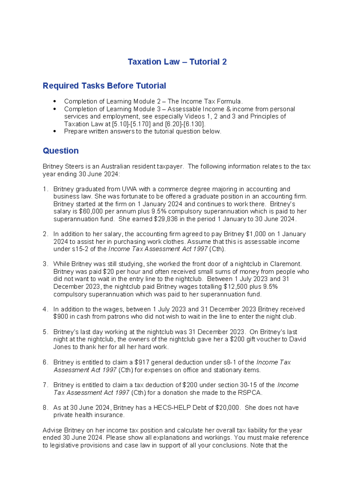 Tutorial 2 - Tutorial Questions(1) - Taxation Law – Tutorial 2 Required ...