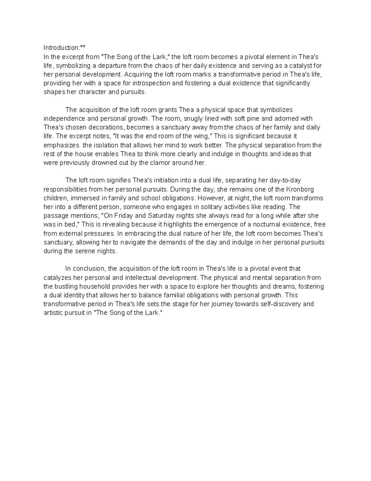 Essay - Introduction:** In the excerpt from "The Song of the Lark," the ...